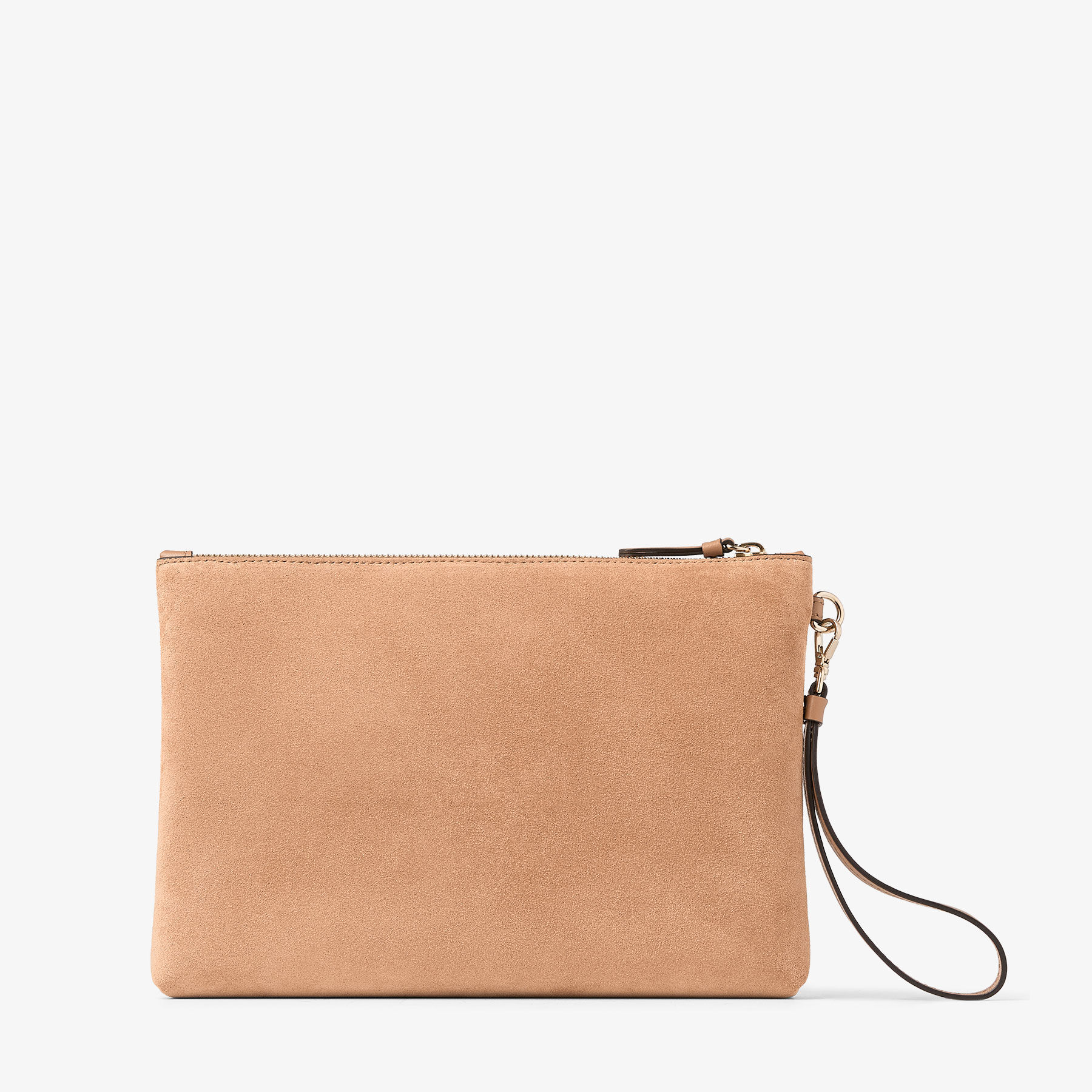 Zipped Flat Pouch |Toffee Suede Pouch with Sangallo Embroidery | JIMMY CHOO