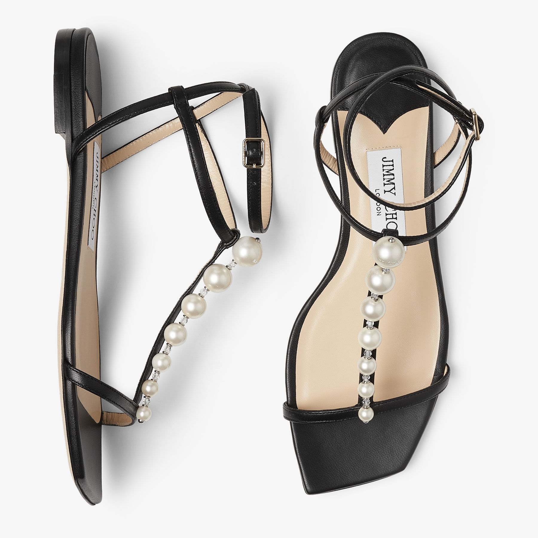 AMARI FLAT | Black Nappa Leather Flat Sandals with Pearls | Summer Collection | JIMMY CHOO AU