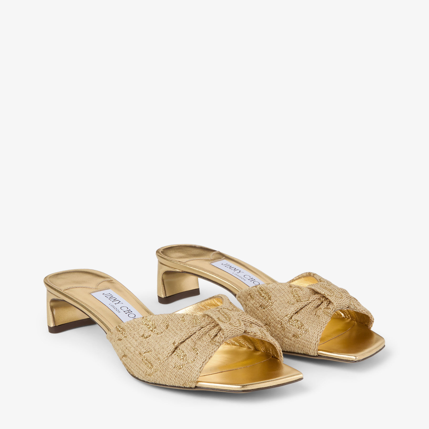 Mules Annika 35 | Sandales en cuir nappa métallisé et raphia doré | JIMMY CHOO