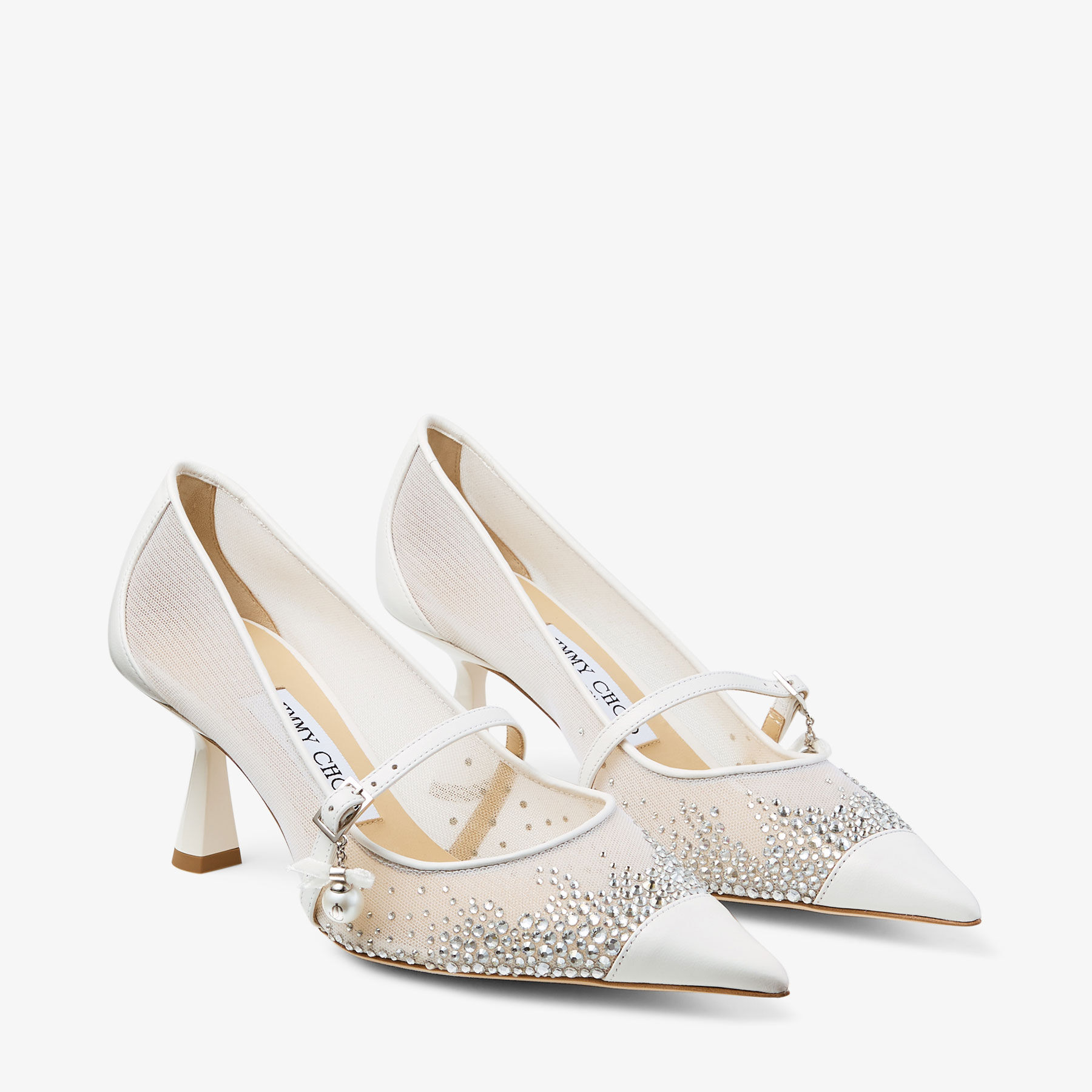 Aren Pump 65 | White Crystal Mesh Pumps with Pearl Charm | JIMMY CHOO