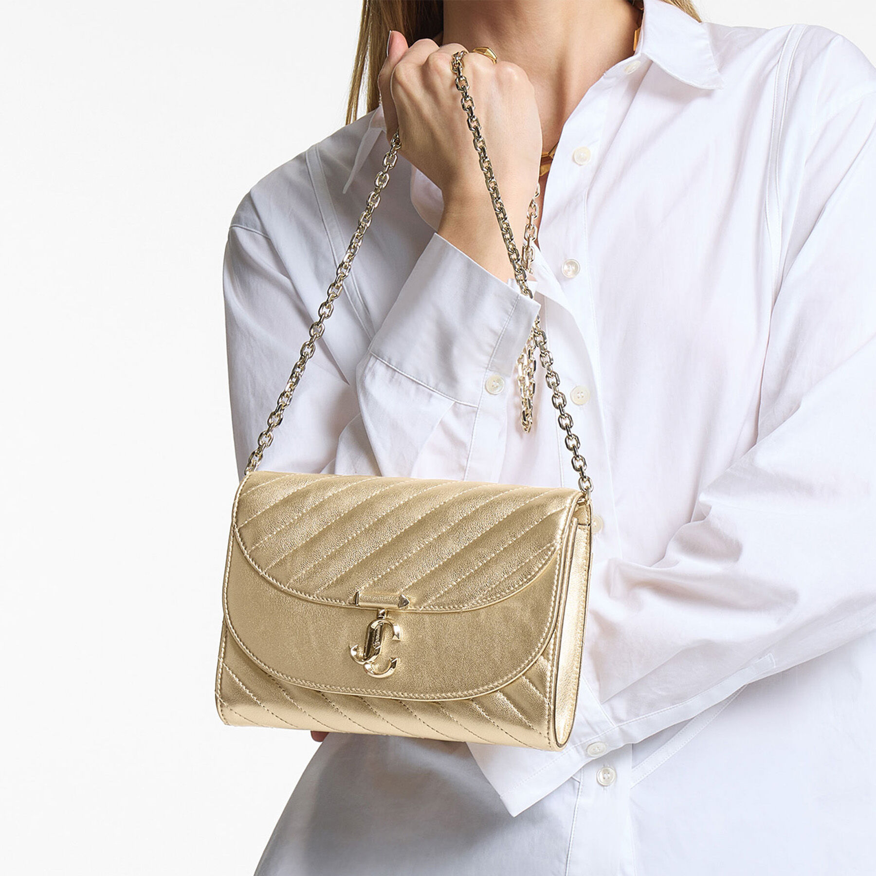 Curve Clutch | Shiny Gold Quilted Metallic Leather Clutch with Chain ...