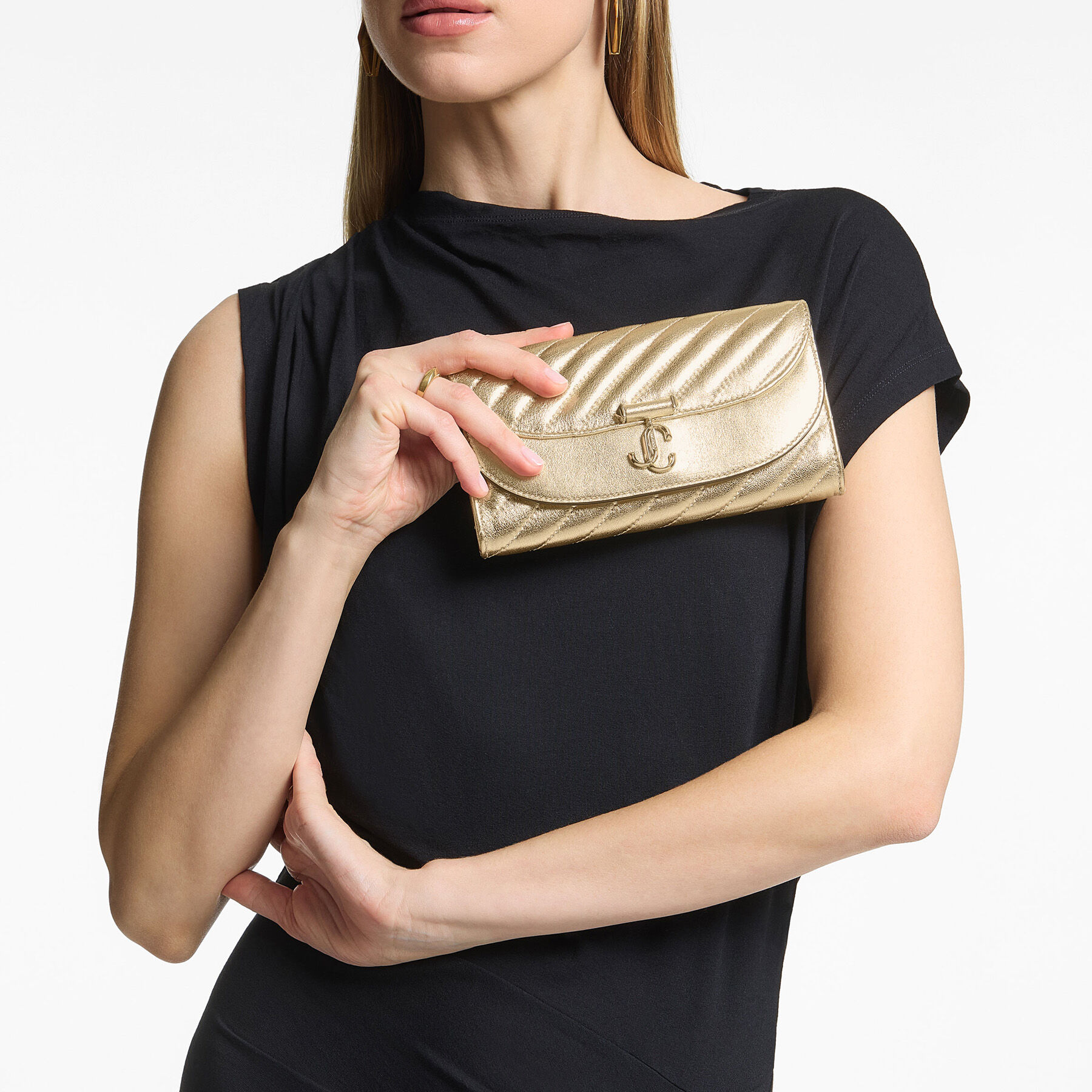 Curve Wallet With Chain | Shiny Gold Quilted Metallic Leather Clutch ...