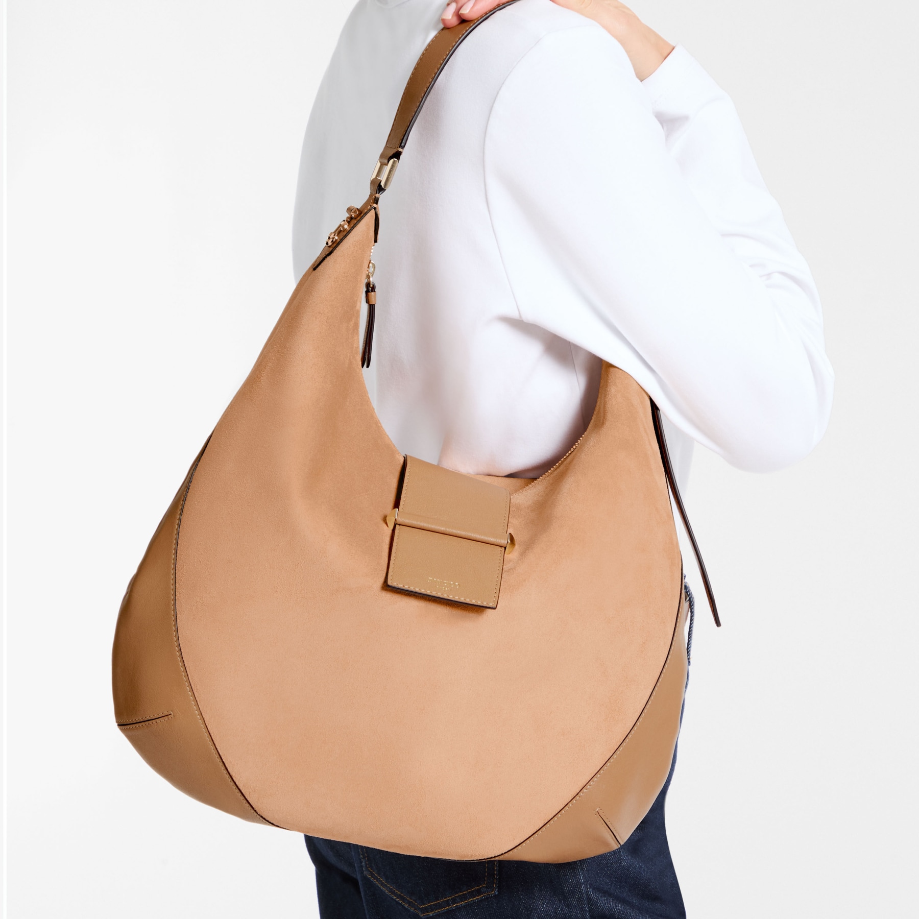 Bar Hobo Medium | Toffee Suede Shoulder Bag with Biker Leather Trims ...