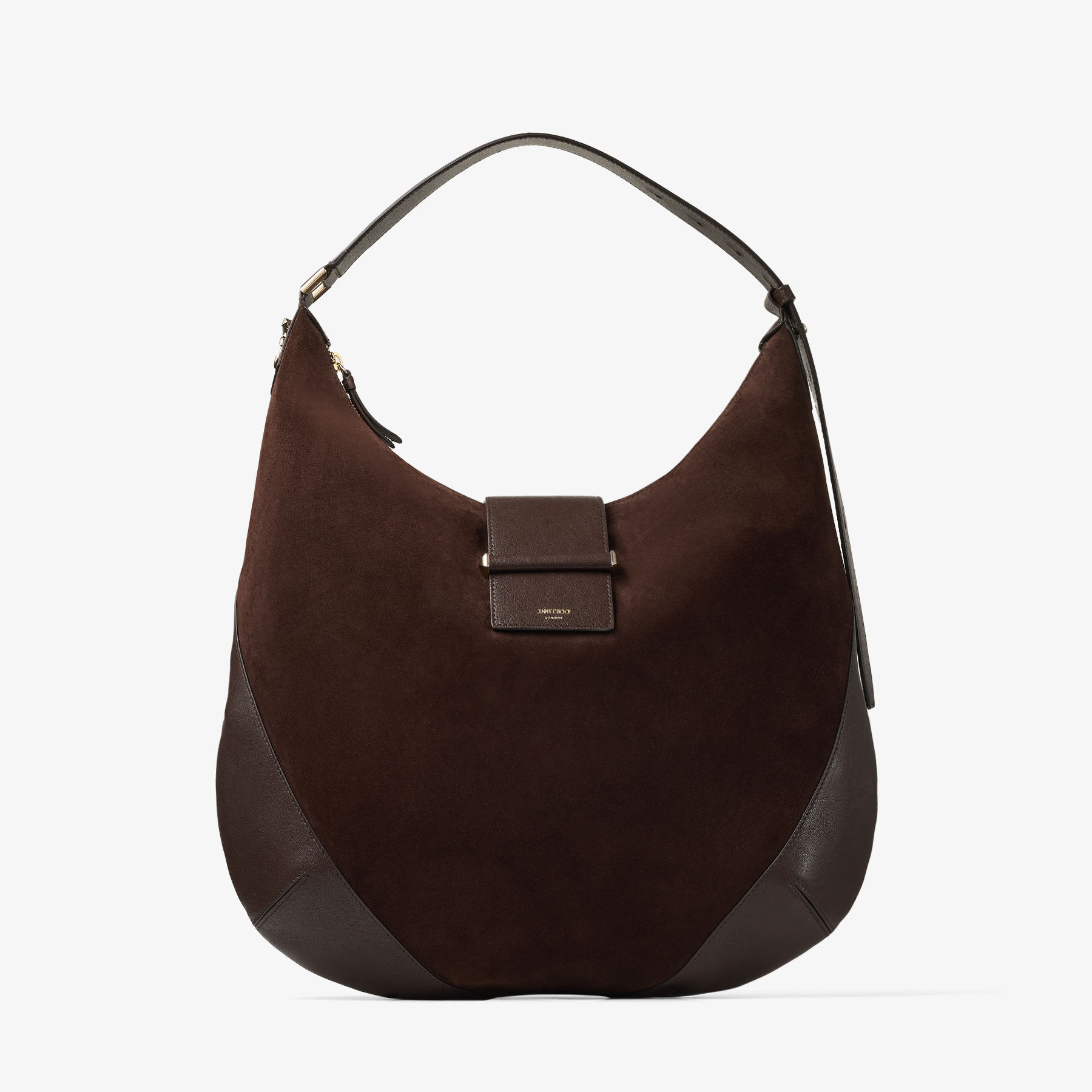 Bar Hobo M | Chocolate Suede Shoulder Bag with Leather Trims | JIMMY CHOO