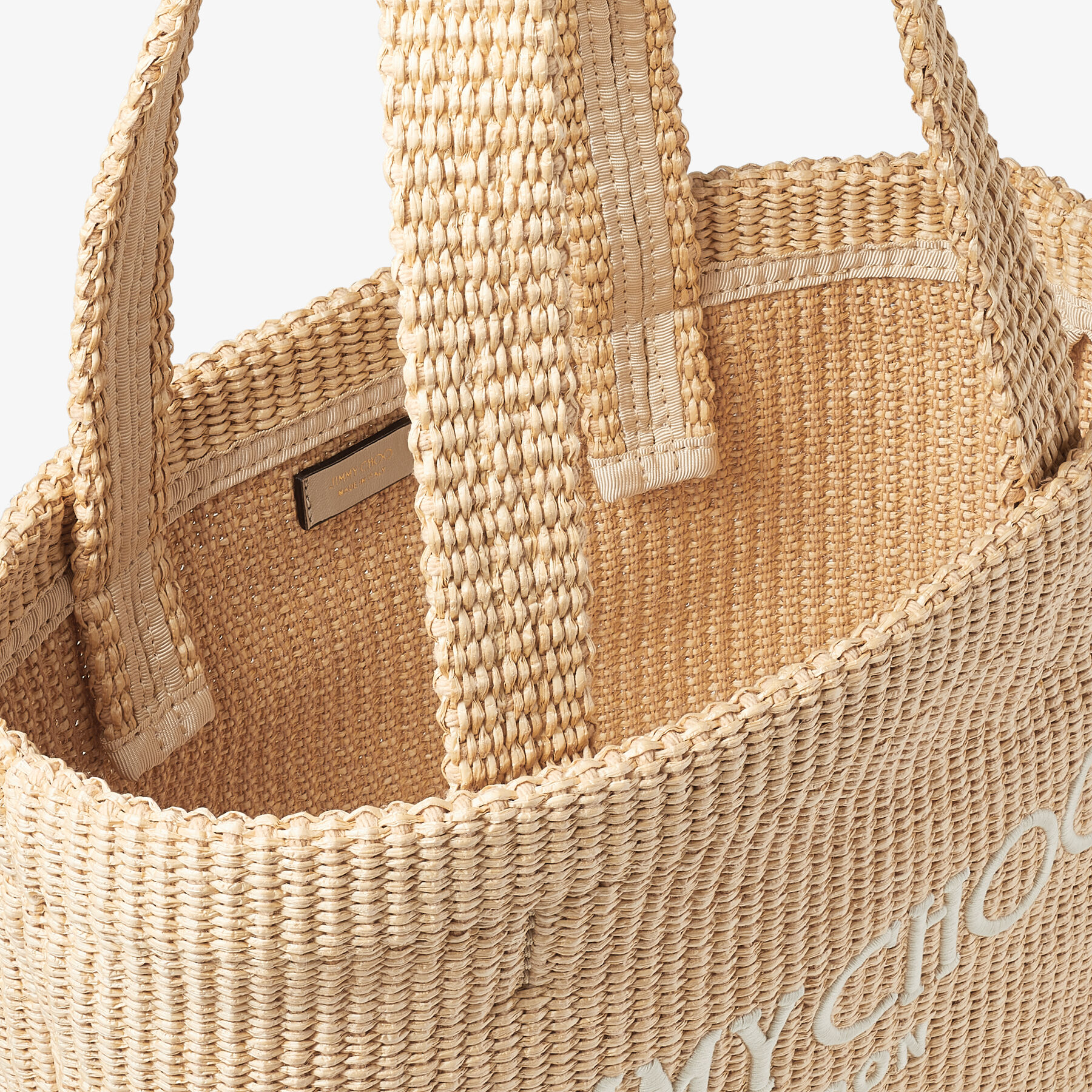 Beach Tote E/W M | Natural/Latte Raffia Embroidered Tote Bag | JIMMY CHOO