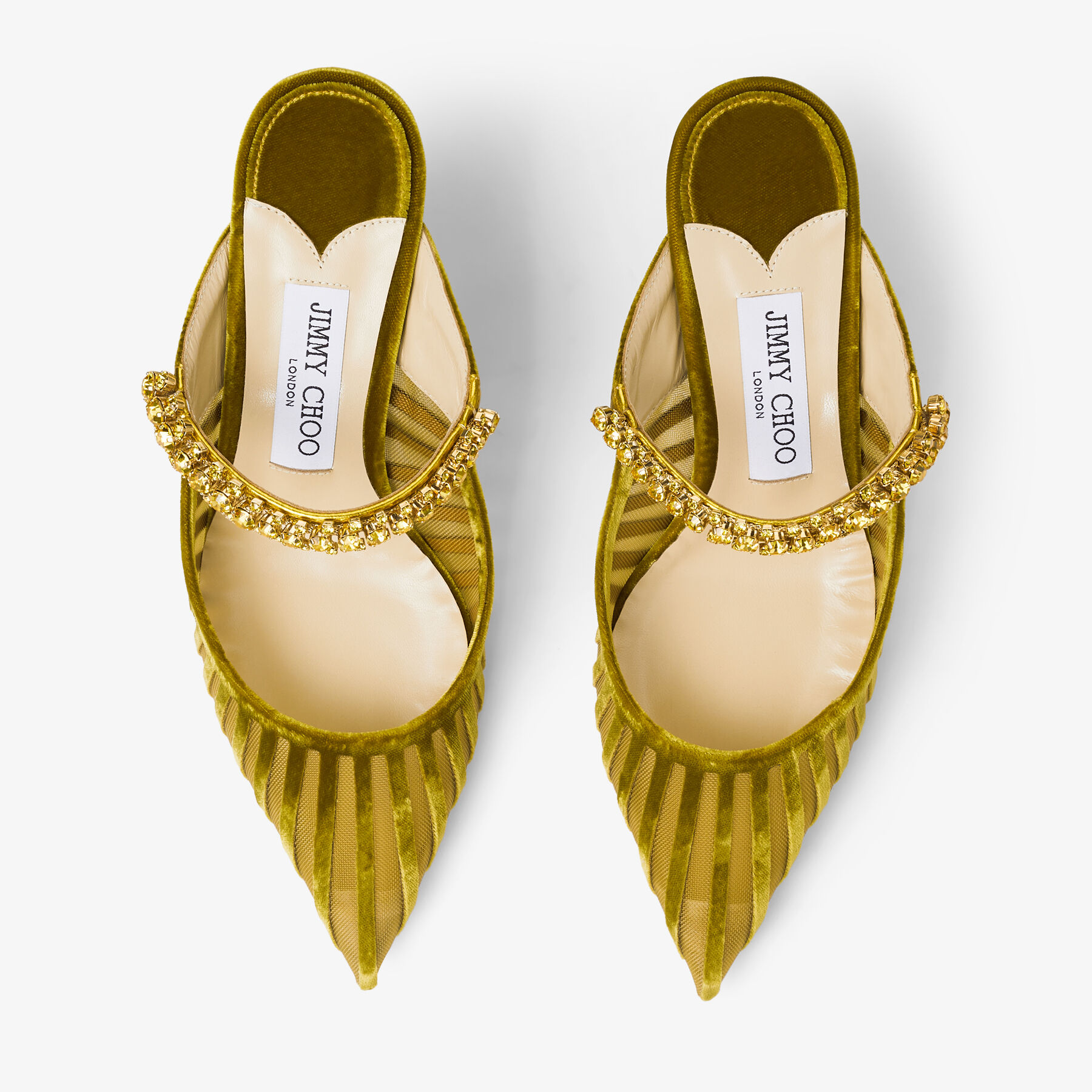 Bing 65 | Citrine Flocked Striped Mesh Mules with Swarovski Crystals | New Collection | JIMMY ...