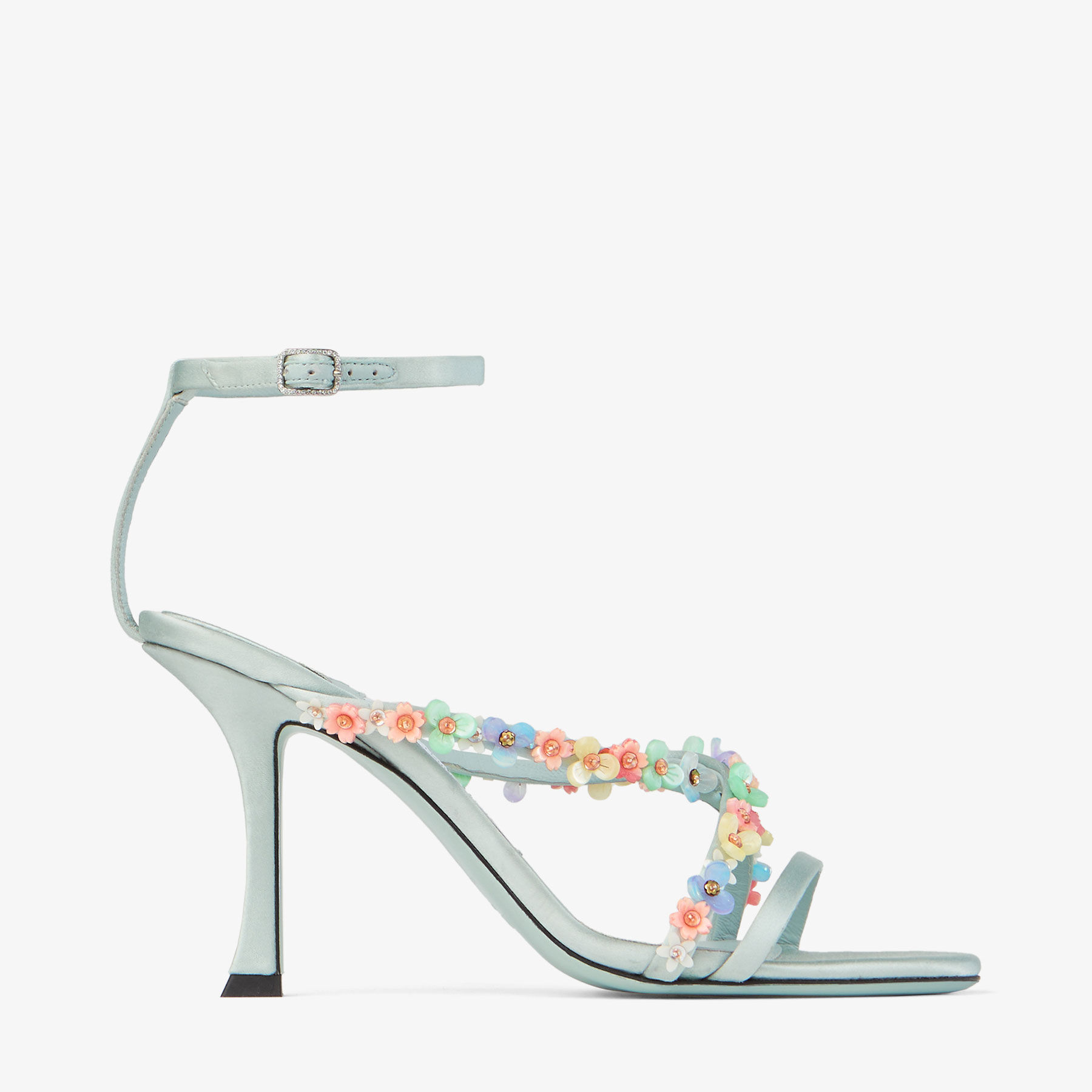 Blanche 90 |Light Verde Satin Sandal with Daisy Embroidery | JIMMY CHOO