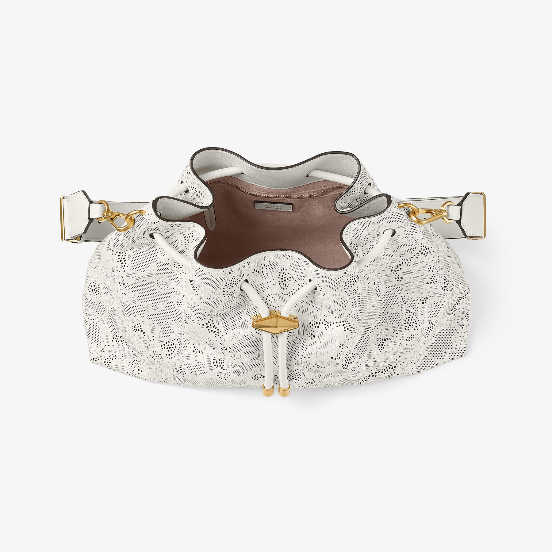 Cinch Medium | Latte Perforated Lace Bucket Bag | JIMMY CHOO