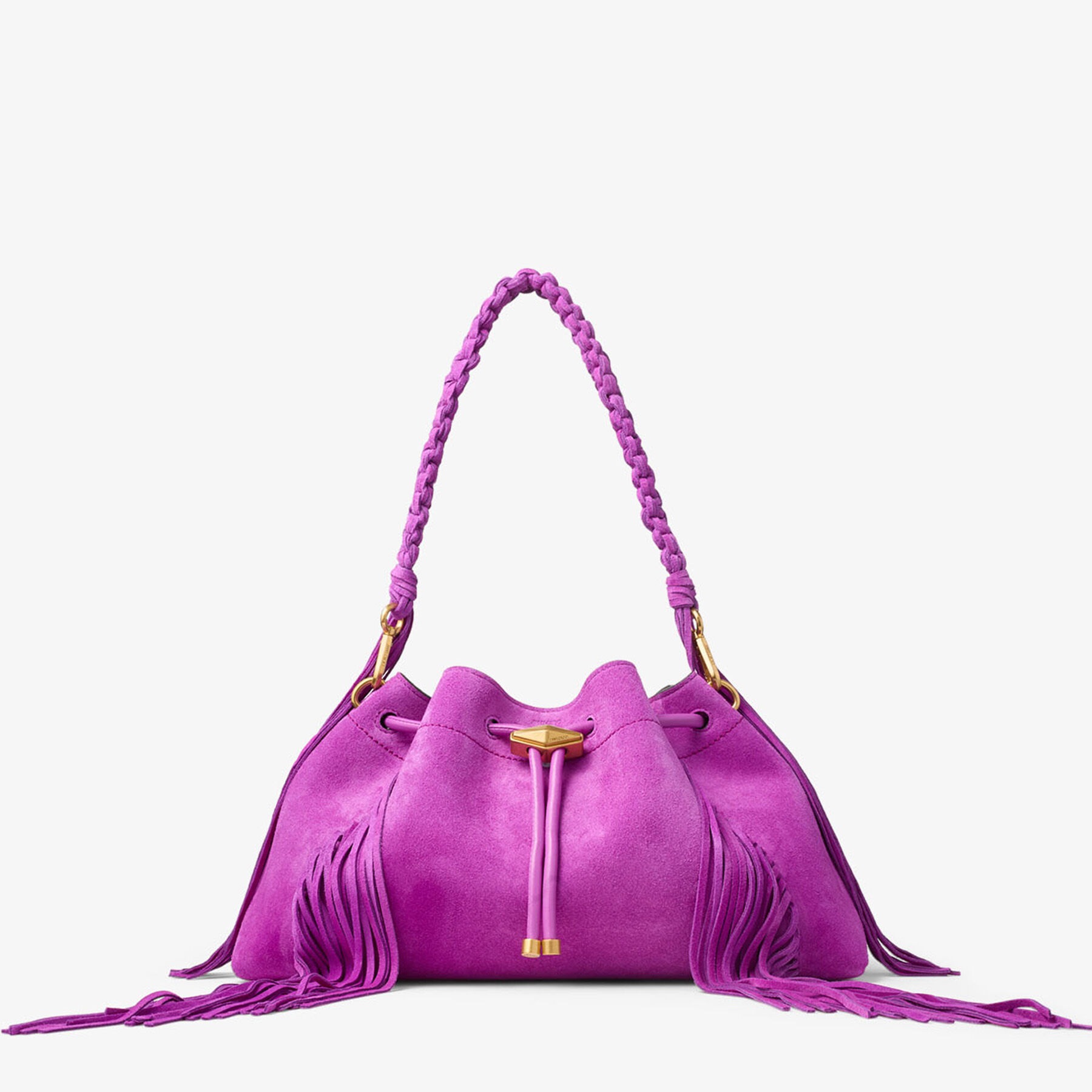 Cinch Medium | Violet Orchid Suede Bucket Bag with Fringes | JIMMY CHOO