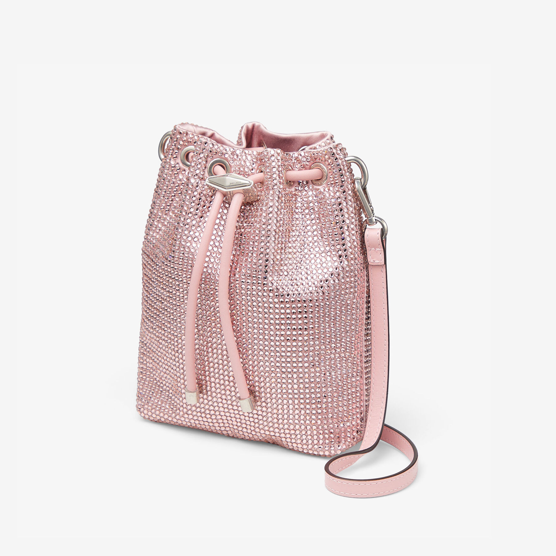 Cinch Mini| Borsa a secchiello in raso rosa con cristalli | JIMMY CHOO