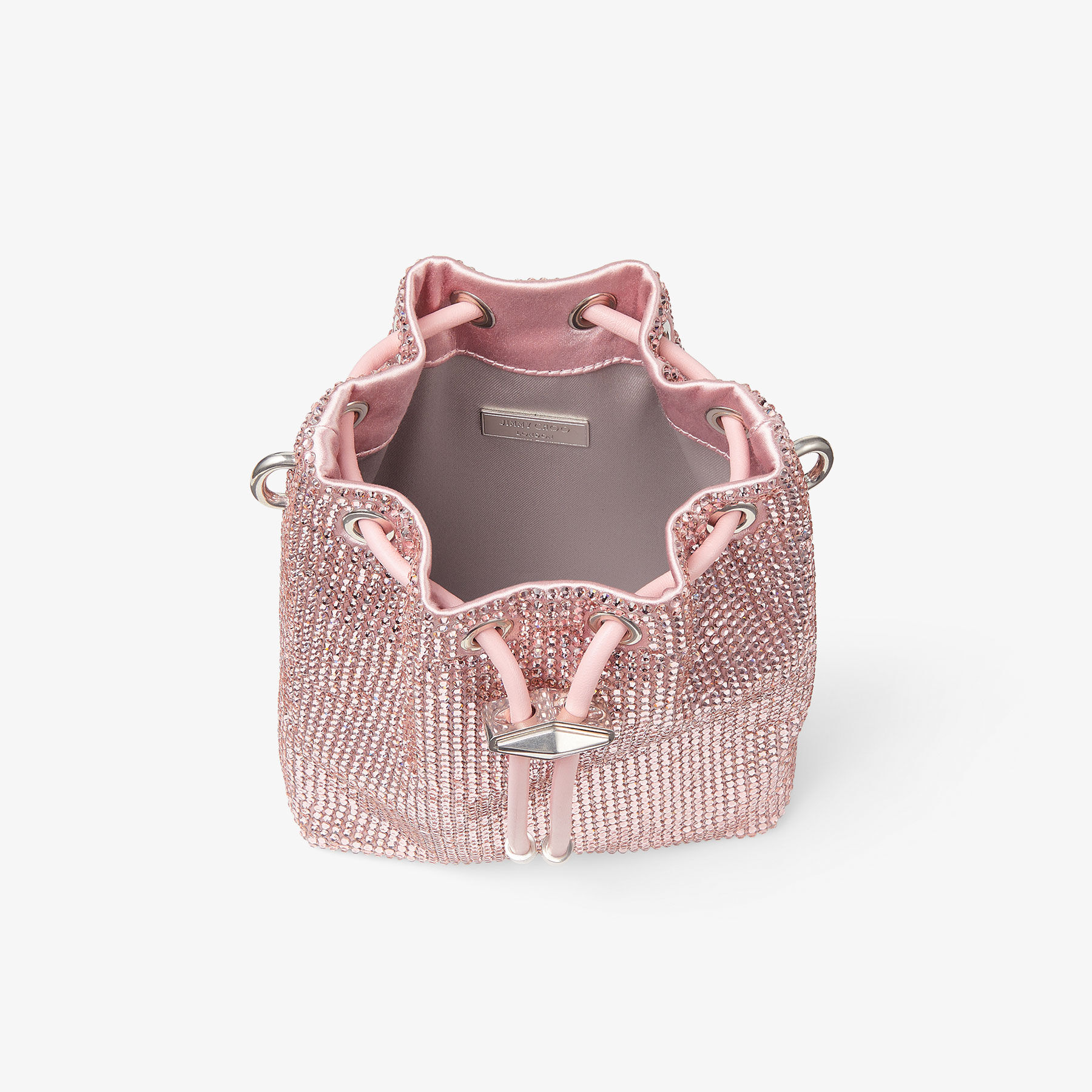 Cinch Mini| Borsa a secchiello in raso rosa con cristalli | JIMMY CHOO