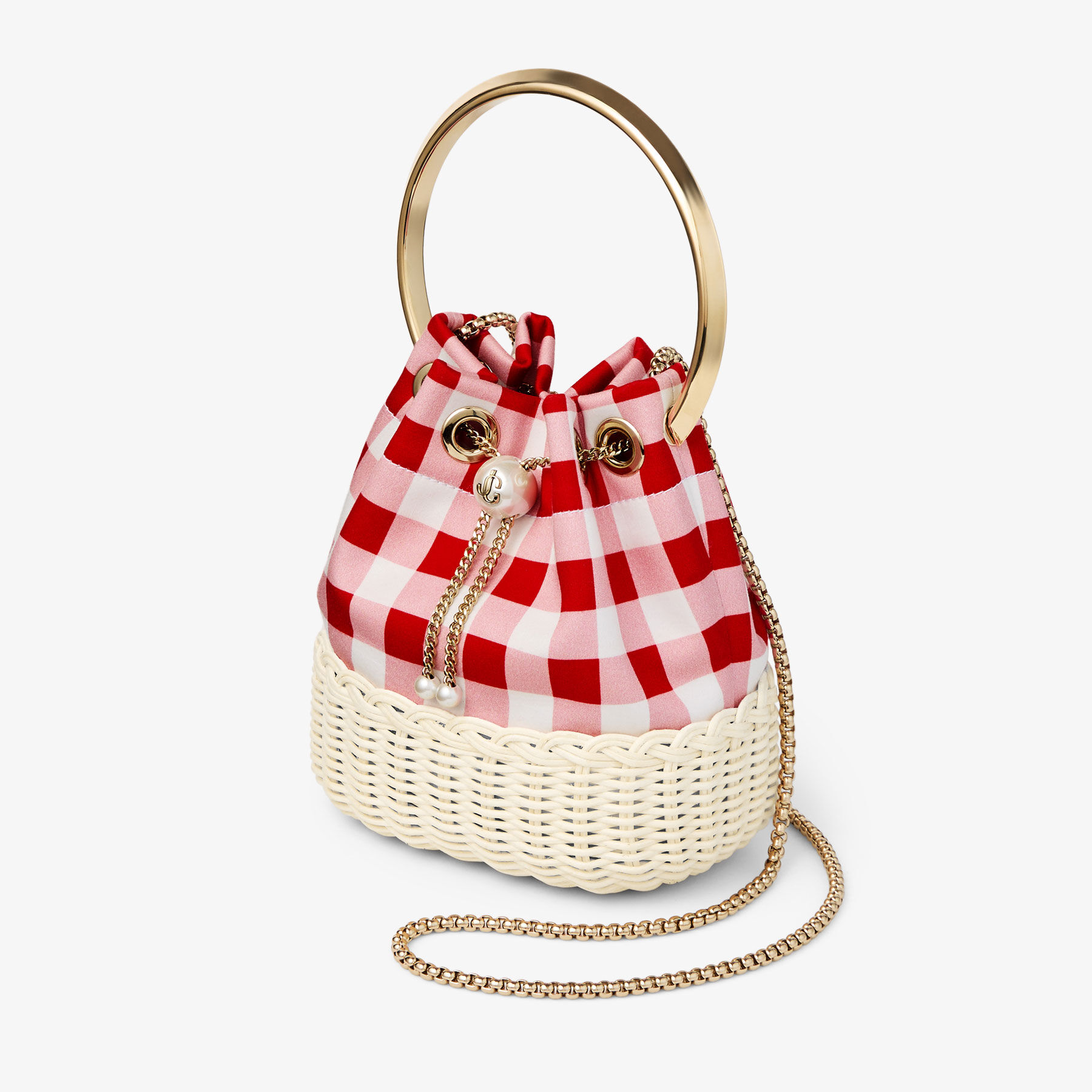 Bon Bon | Ruby Red Gingham Cotton Fabric and Wicker Bucket Bag | JIMMY ...