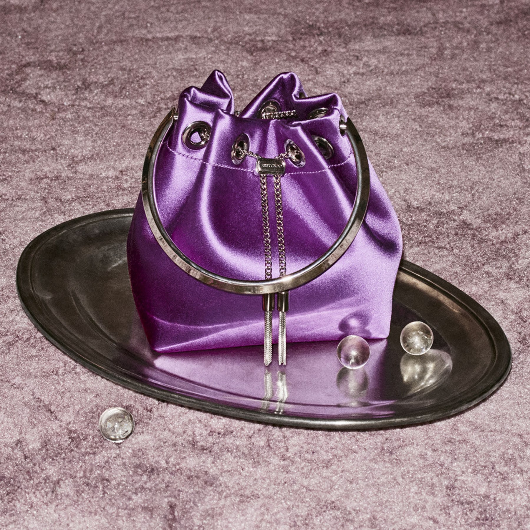 Bon Bon | Violet Orchid Satin Handbag with Metal Bracelet | JIMMY CHOO