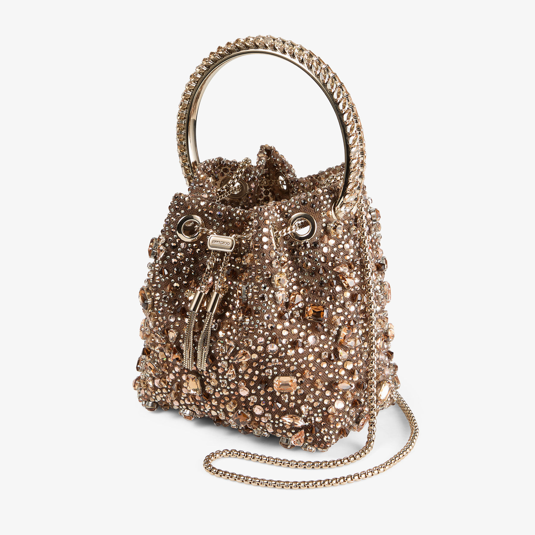 Bon Bon | Tan Metallic Crystal Mesh Handbag with Crystal Handle | JIMMY ...
