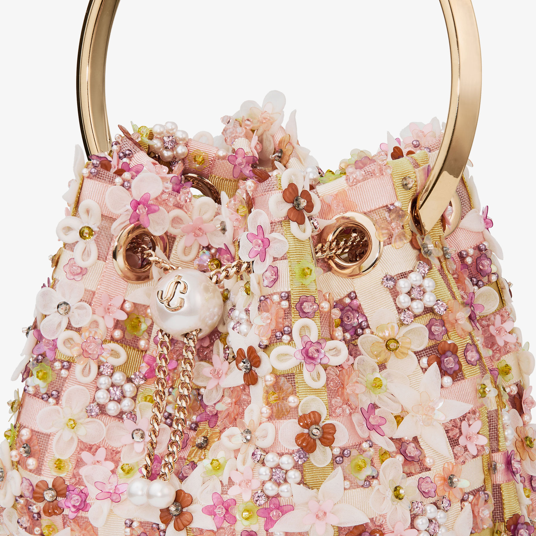 Bon Bon | Rose Mesh Bucket Bag with Flower Embroidery | JIMMY CHOO