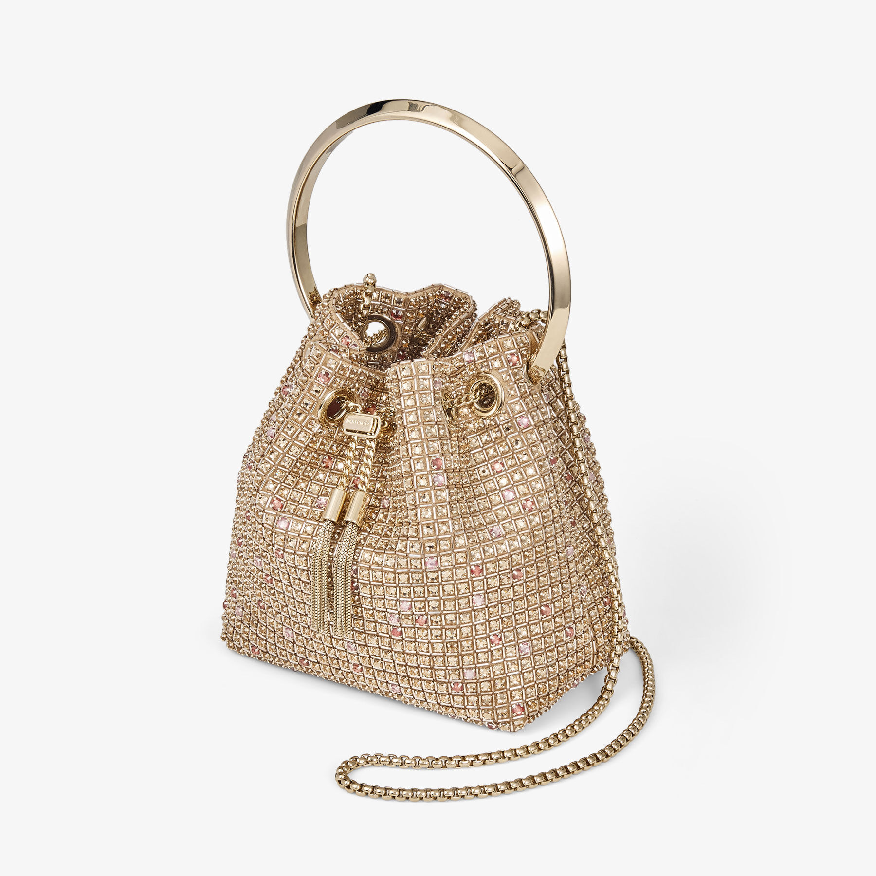 Bon Bon | Mini borsa in raso ricamata con cristalli color oro | Jimmy Choo