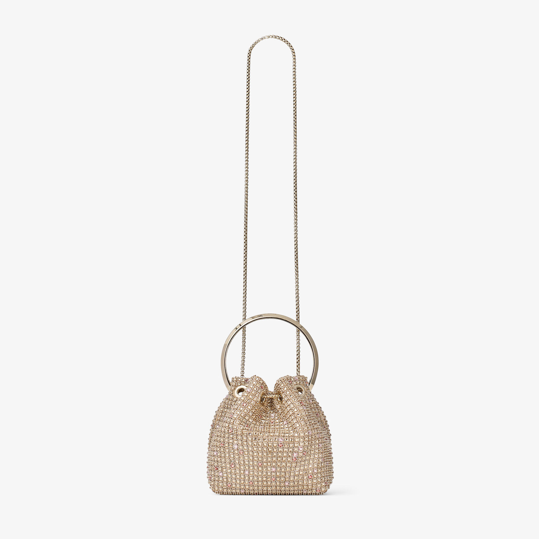Bon Bon | Mini borsa in raso ricamata con cristalli color oro | Jimmy Choo