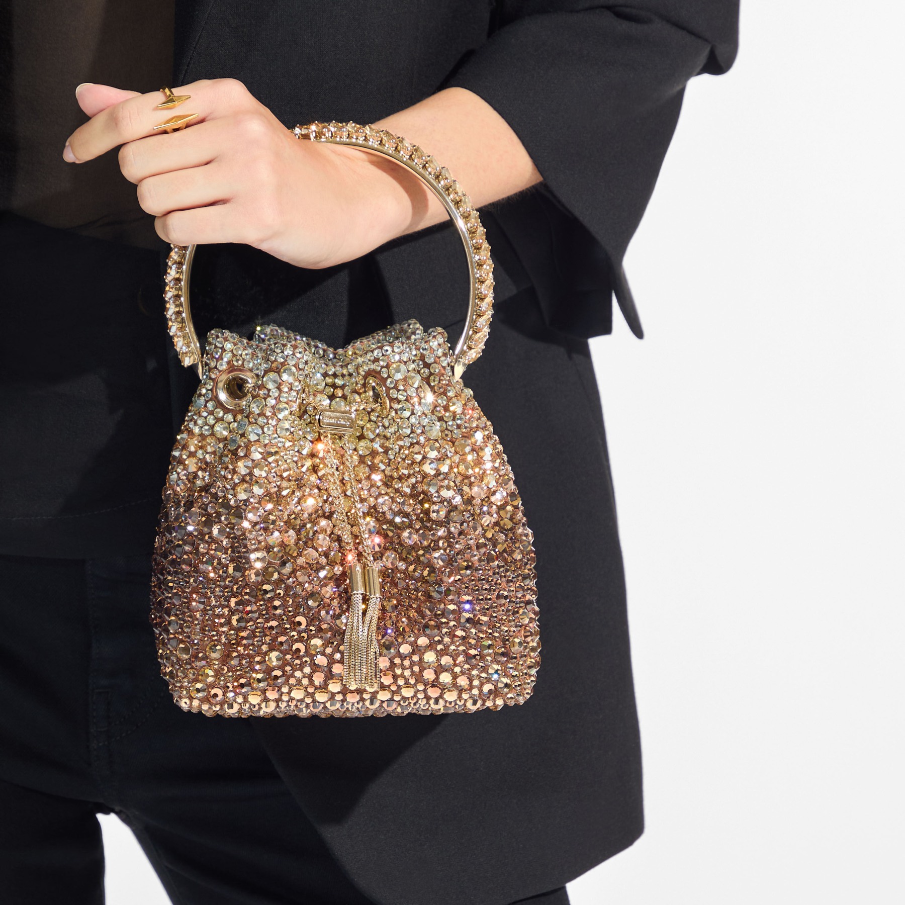 Bon Bon | Bronze Satin Handbag with Degrade Crystals | JIMMY CHOO