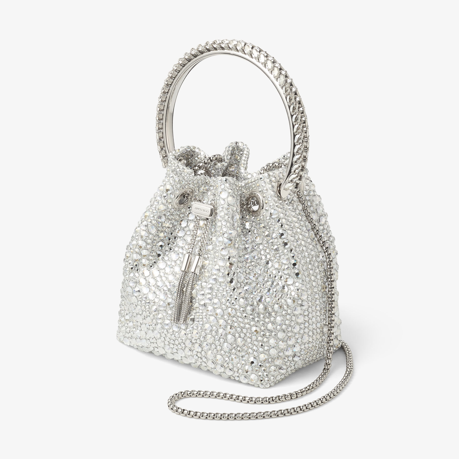 Bon Bon | Borsa a secchiello in raso avorio con cristalli applicati a ...