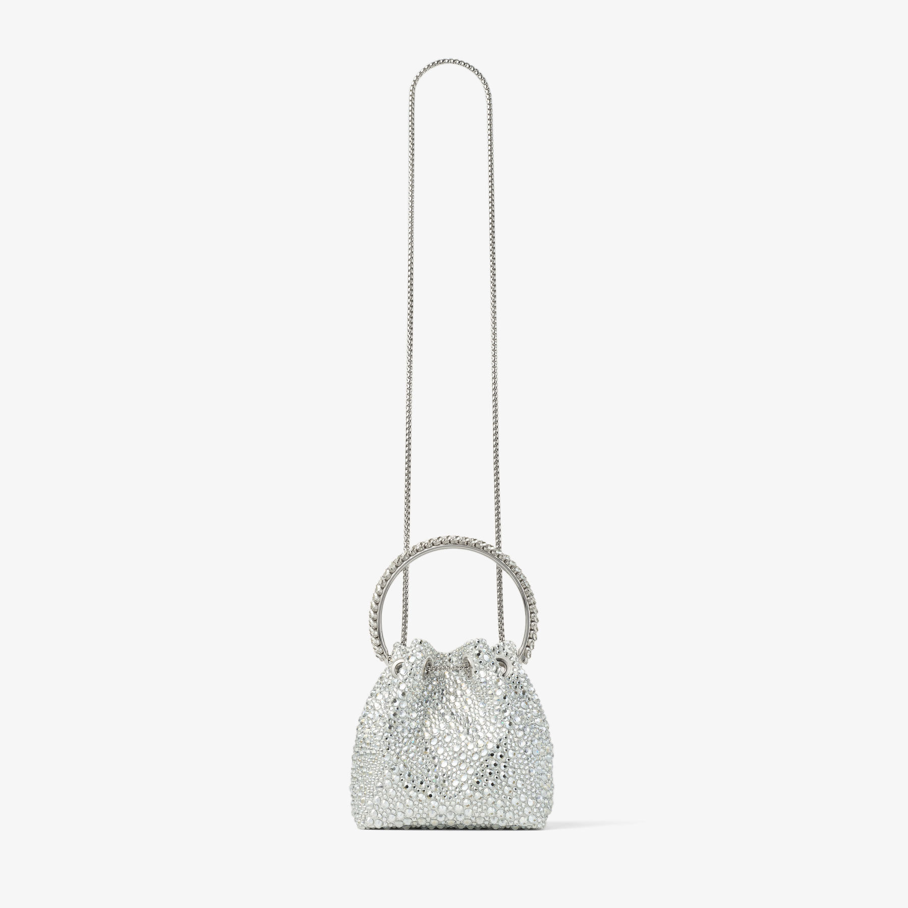 Bon Bon | Borsa a secchiello in raso avorio con cristalli applicati a ...