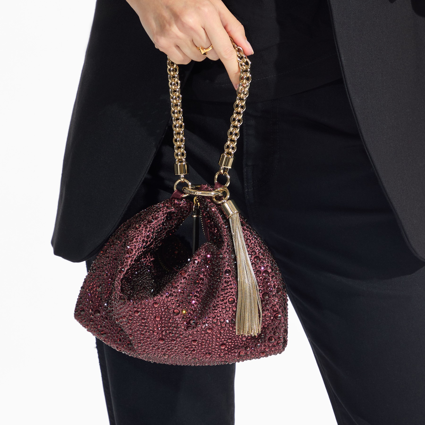 Callie | Deep Merlot Satin Clutch Bag with Crystal Hotfix | JIMMY CHOO
