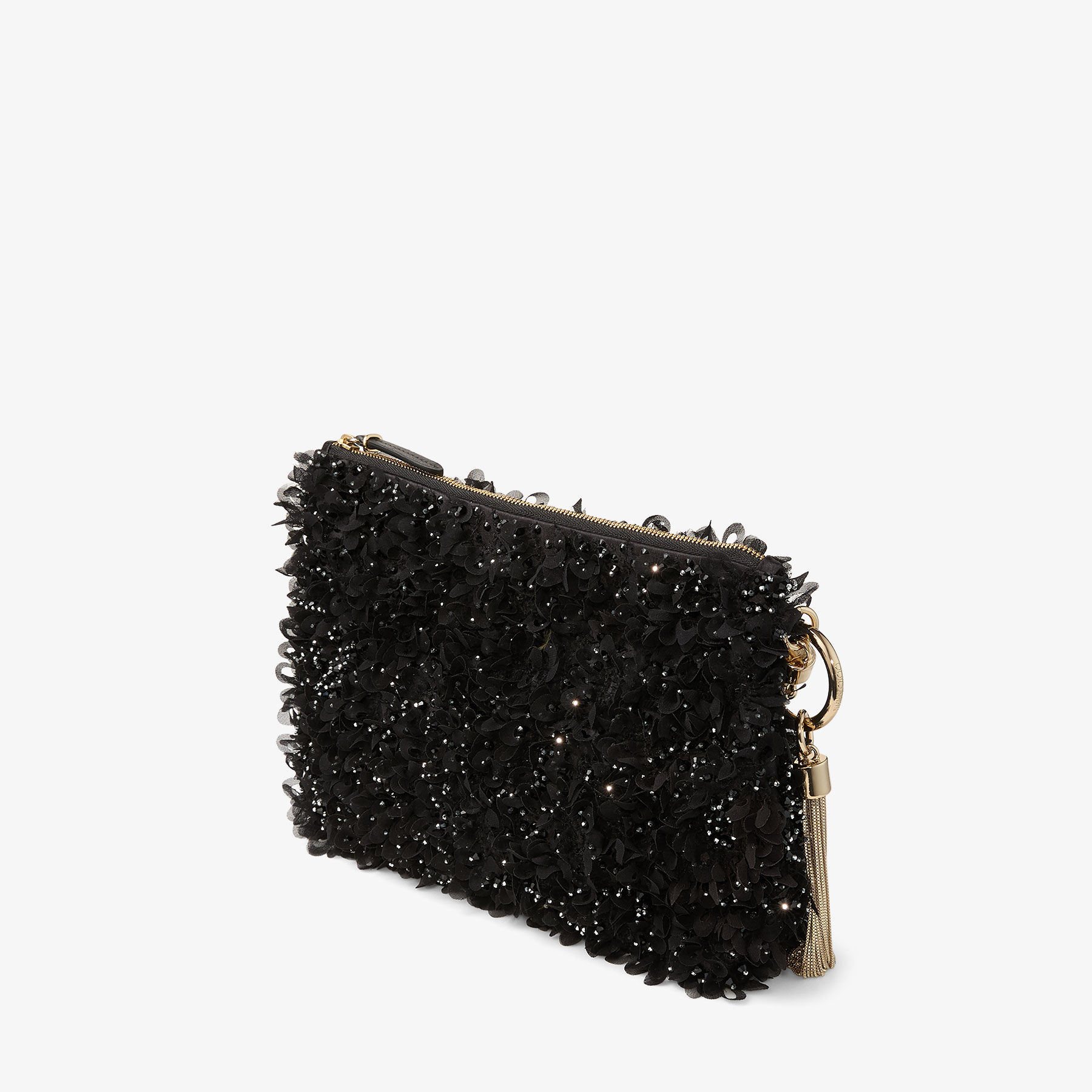 Callie | Black Satin Clutch Bag with Petal Embroidery | JIMMY CHOO