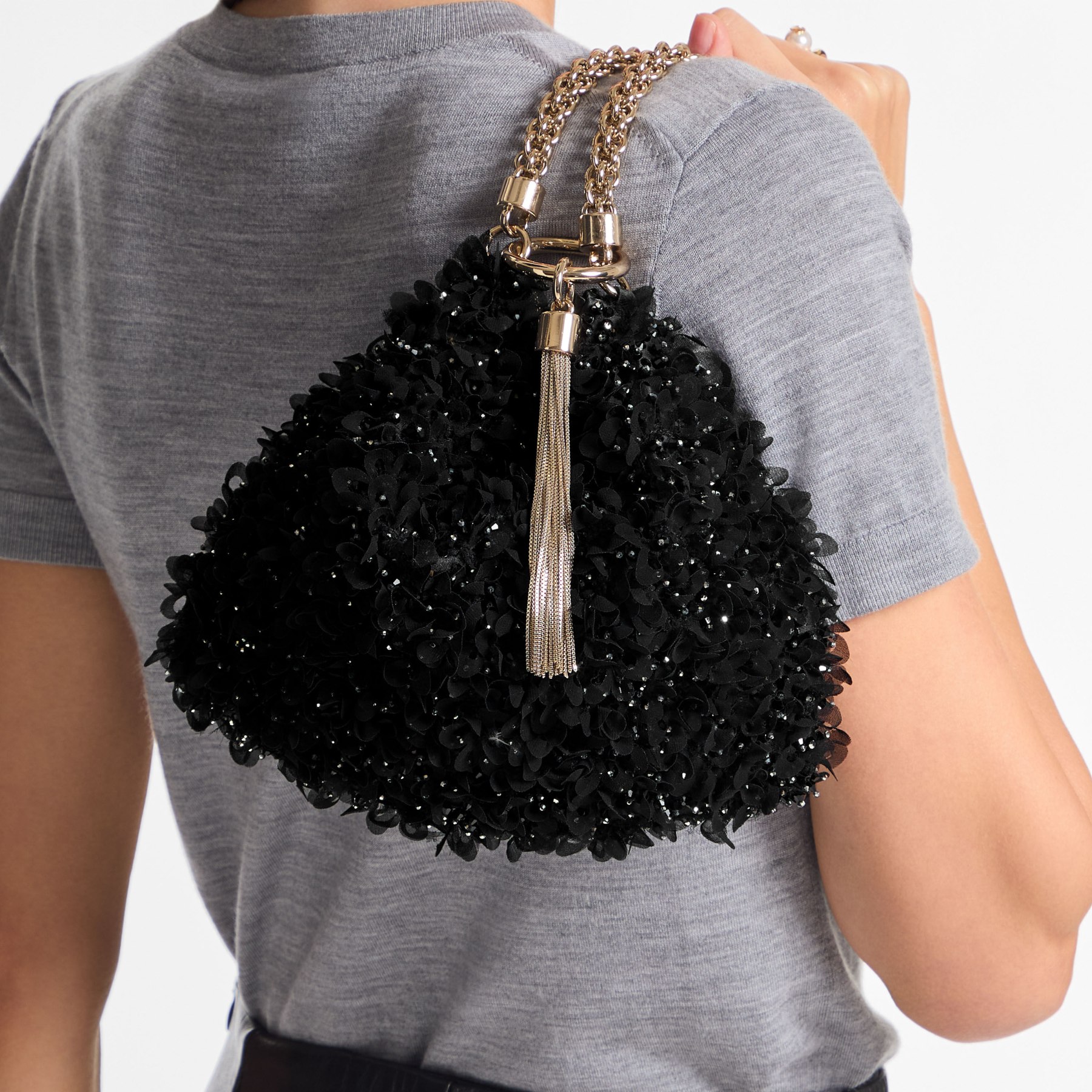 Callie | Black Satin Clutch Bag with Petal Embroidery | JIMMY CHOO