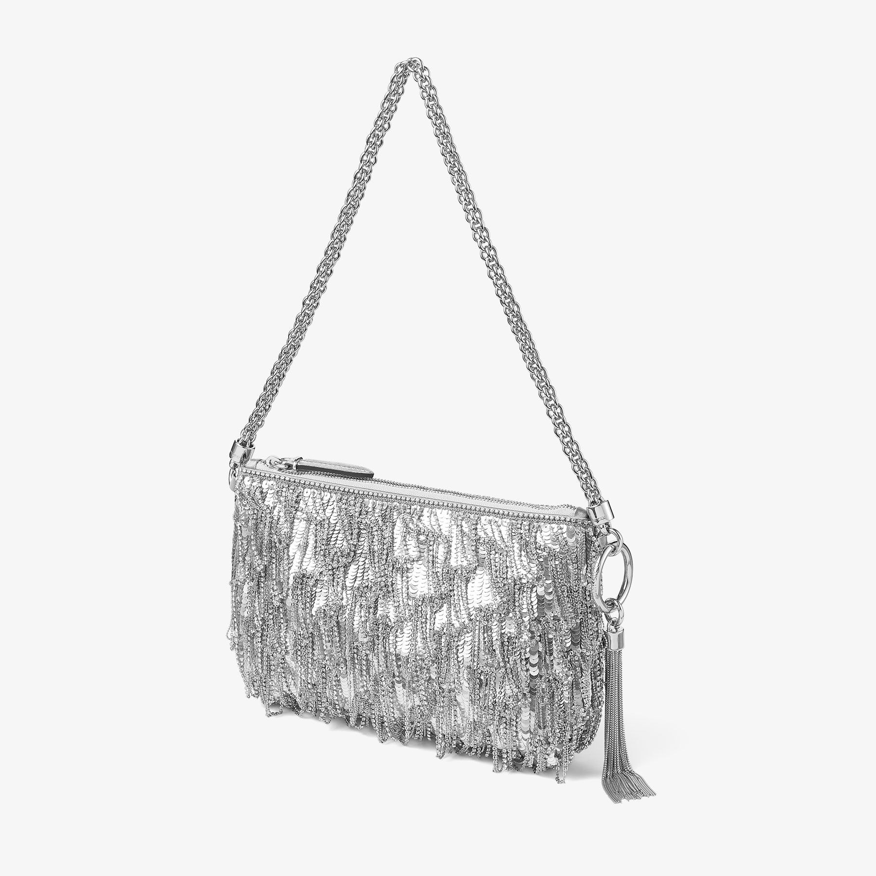 Callie Mini | Silver Satin Mini Bag with Sequin Chain Fringes | JIMMY CHOO