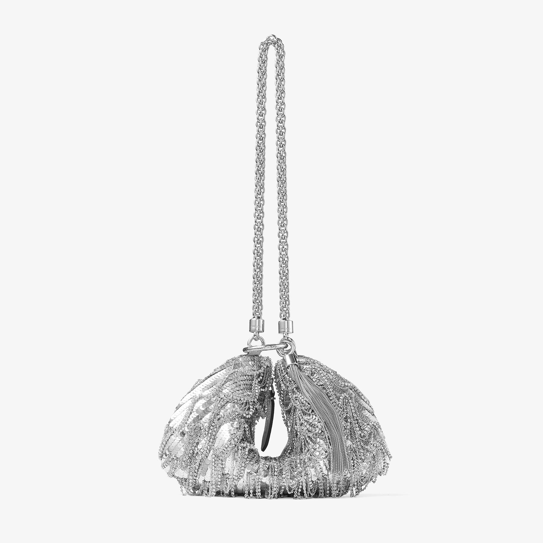 Callie Mini | Silver Satin Mini Bag with Sequin Chain Fringes | JIMMY CHOO