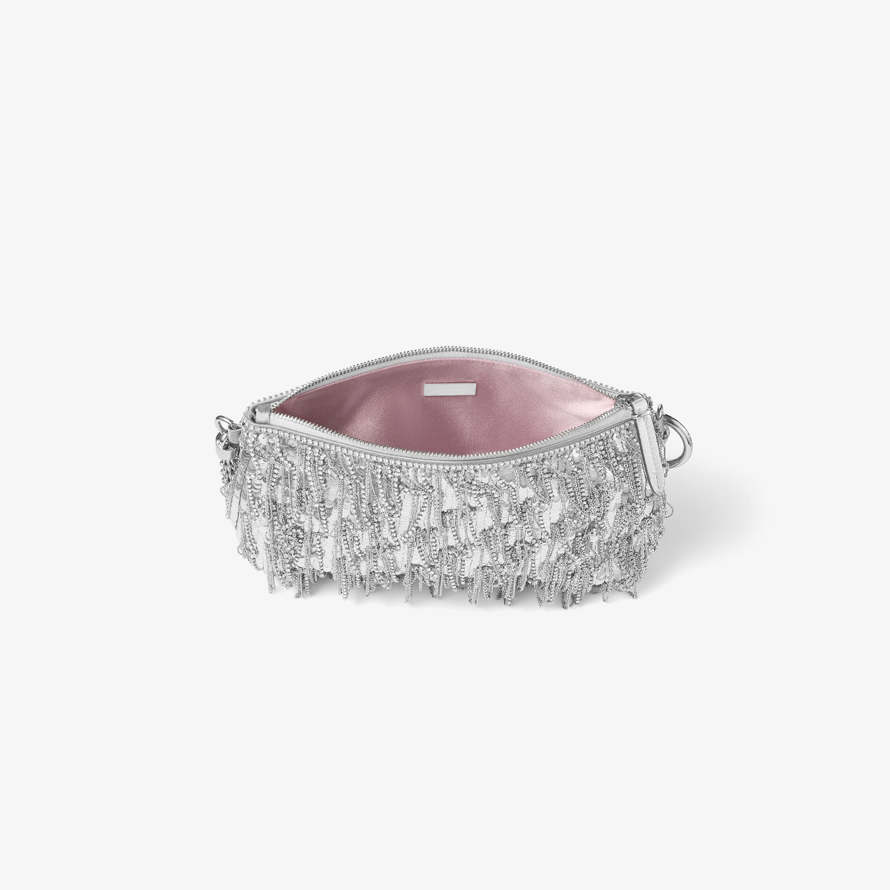 Callie Mini | Silver Satin Mini Bag with Sequin Chain Fringes | JIMMY CHOO