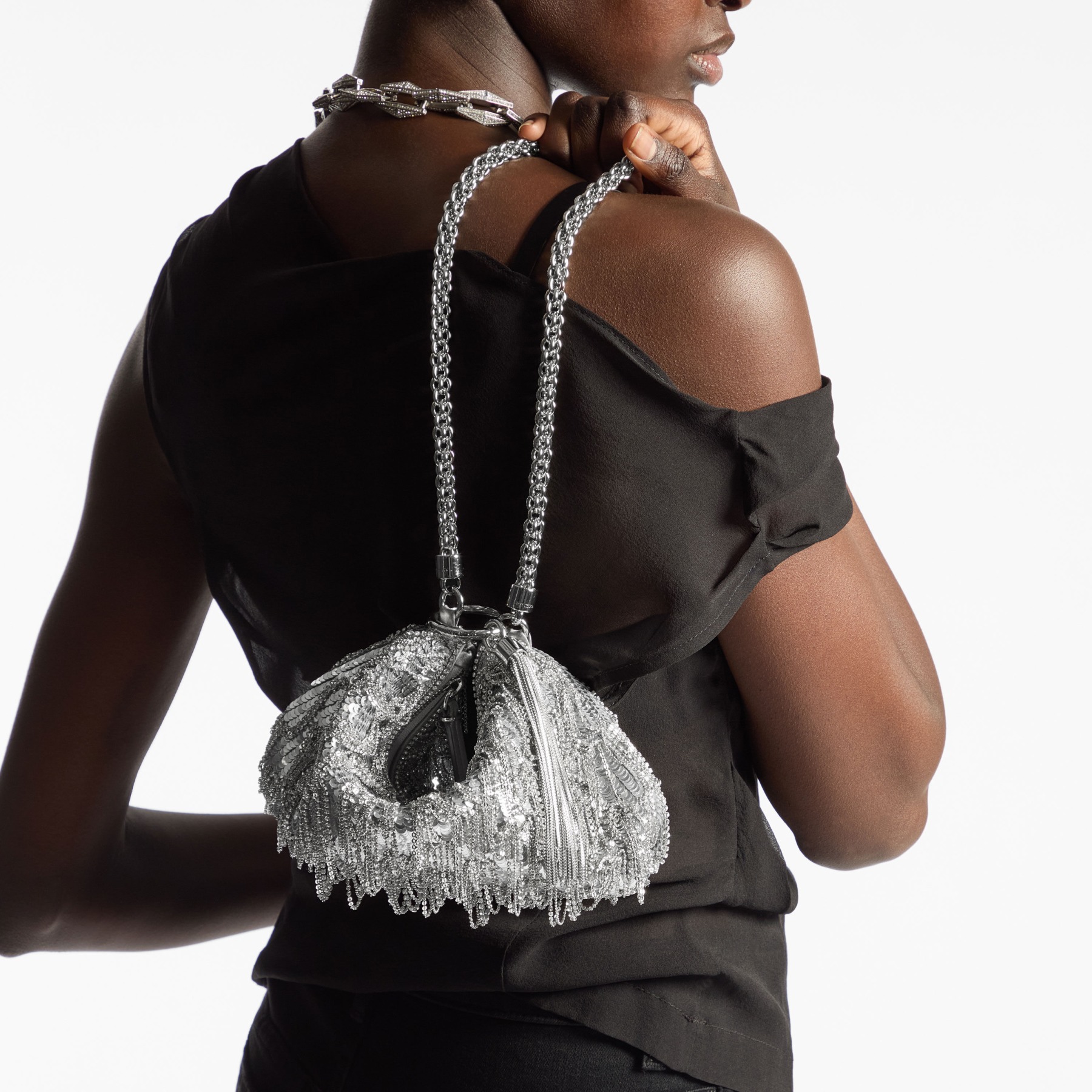 Callie Mini | Silver Satin Mini Bag with Sequin Chain Fringes | JIMMY CHOO