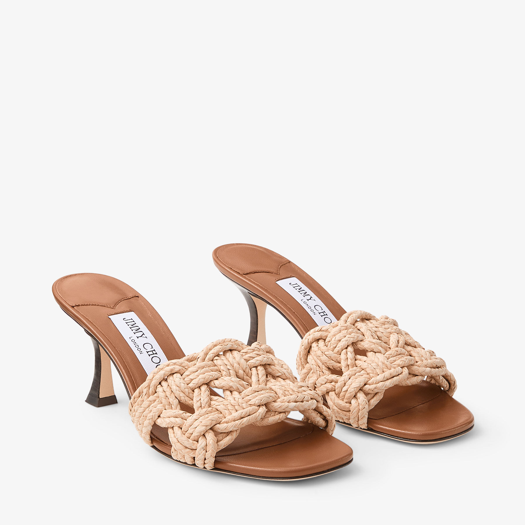 Chara 70 | Tan Leather and Crochet Raffia Mule Sandal | JIMMY CHOO
