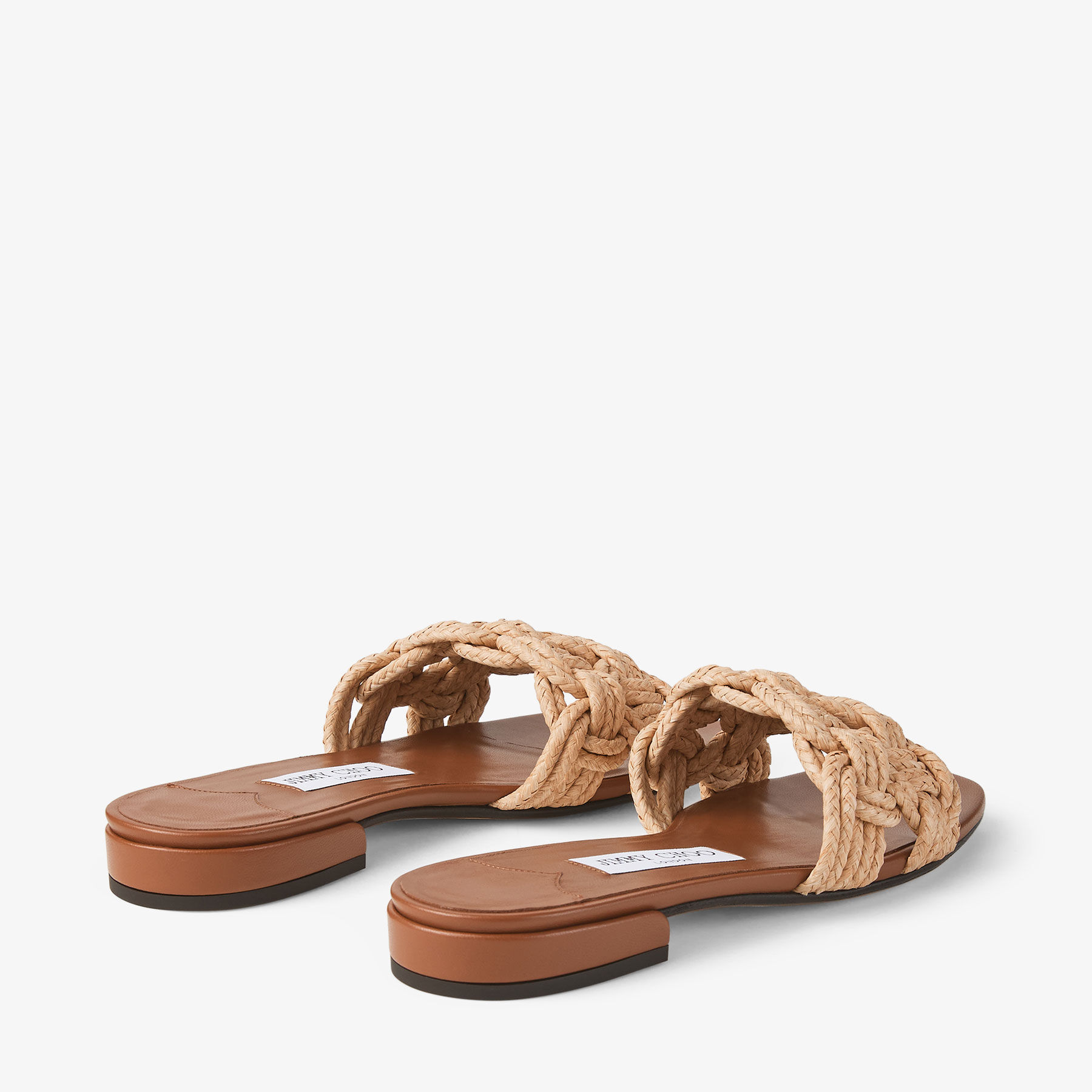 Chara Flat |Tan Leather and Crochet Raffia Slide | JIMMY CHOO AU