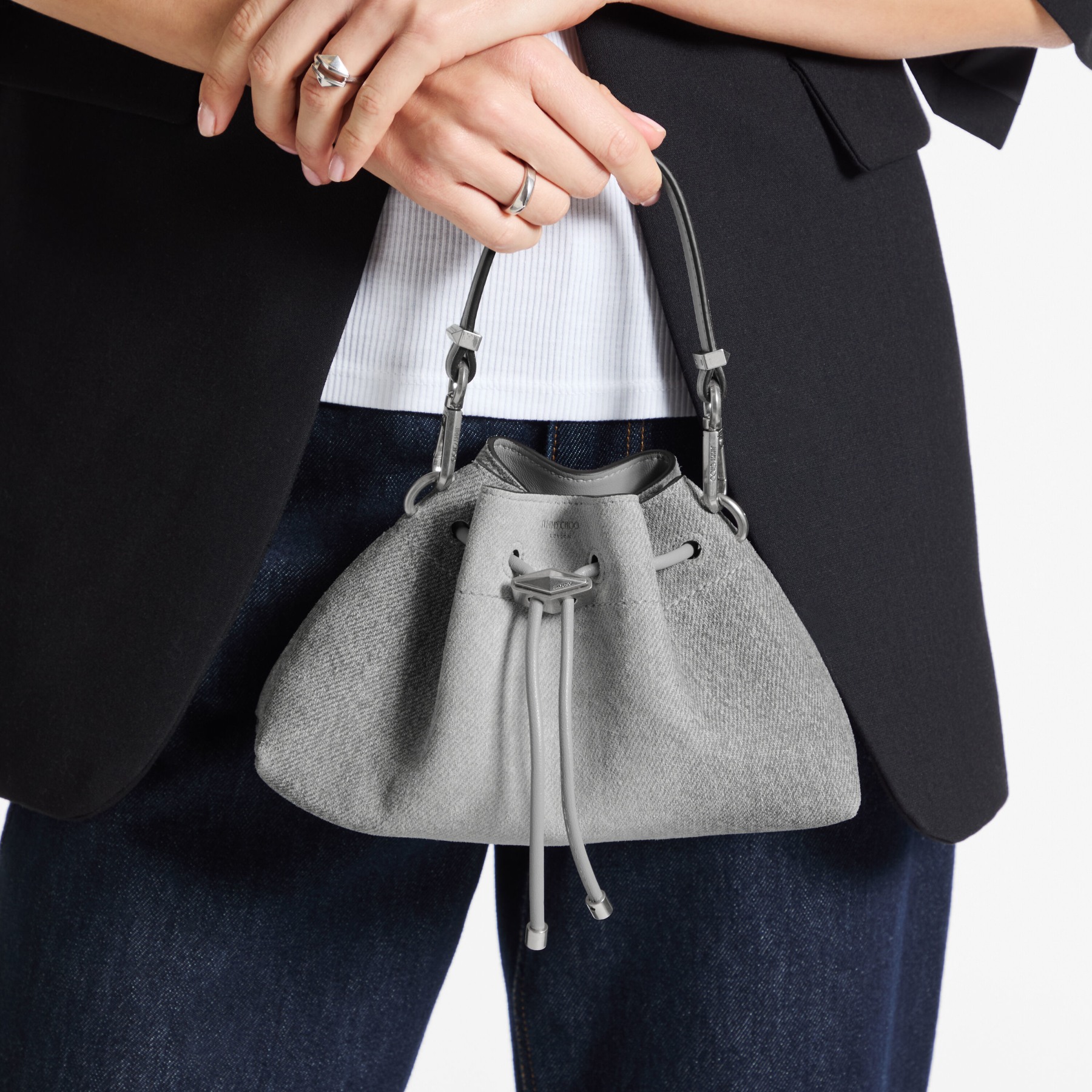Cinch Small | Dove Suede Denim Bucket Bag | JIMMY CHOO