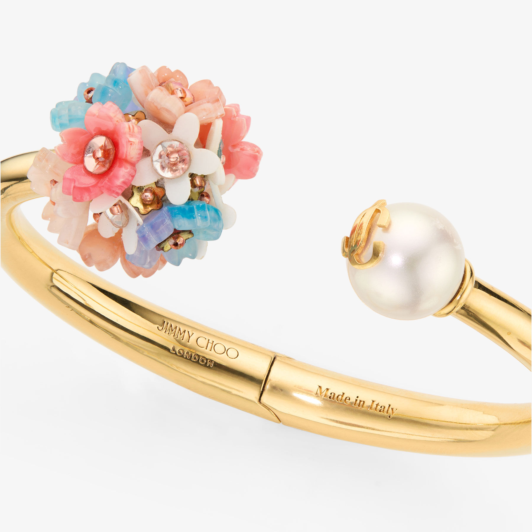 Daisy Pearl Bracelet |Gold-Finish Cuff with Pearl and Daisy Spheres | JIMMY CHOO