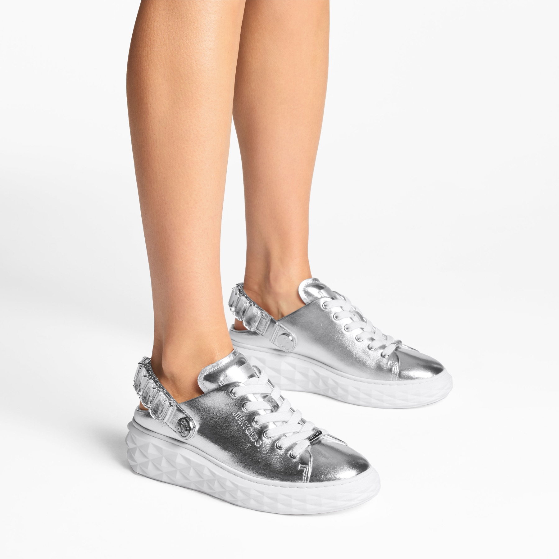 Diamond Sling | Silver Metallic Leather Slipper Trainers with Crystal ...