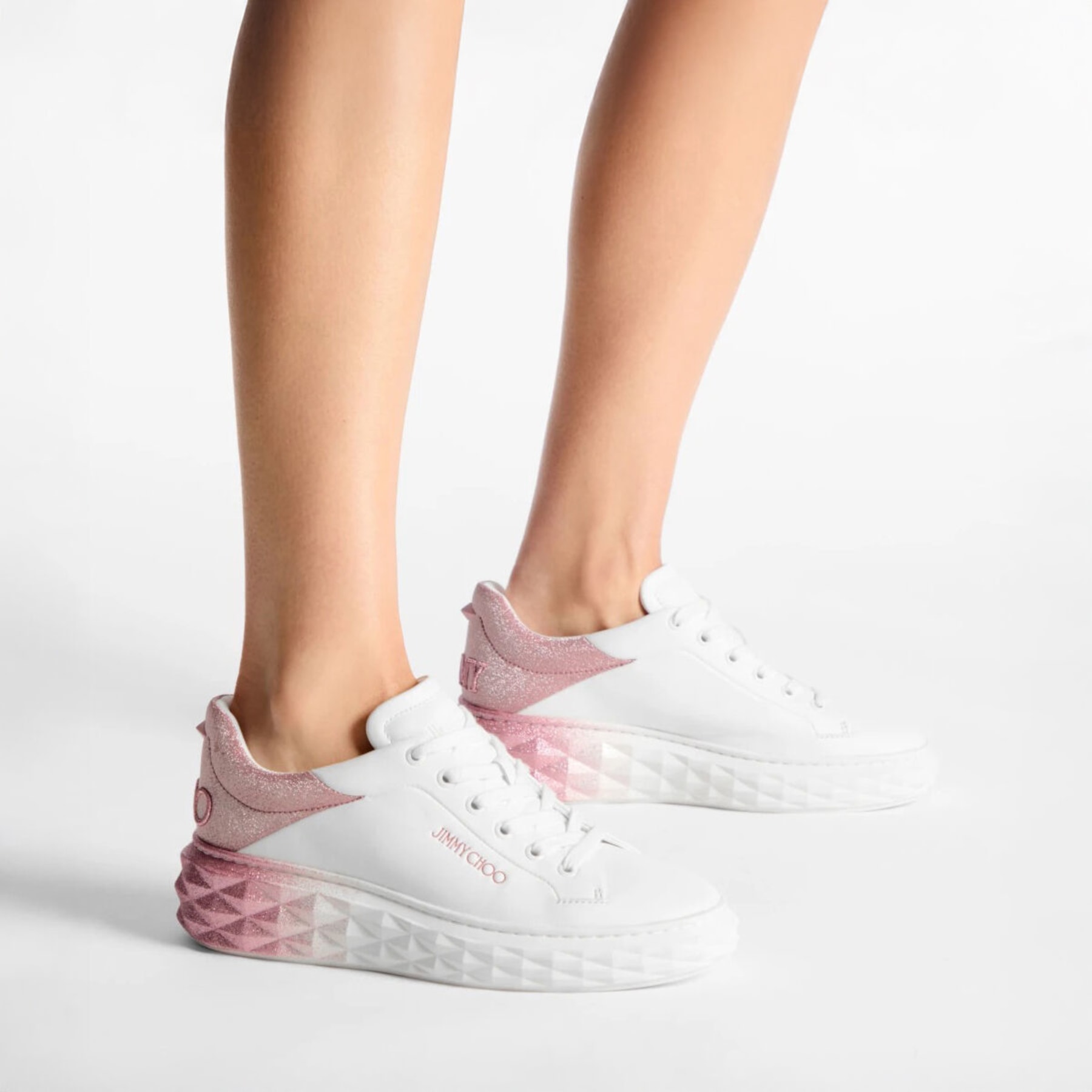 Diamond Maxi/F II | White & Rose Nappa Leather Glitter Trainers | JIMMY CHOO AU