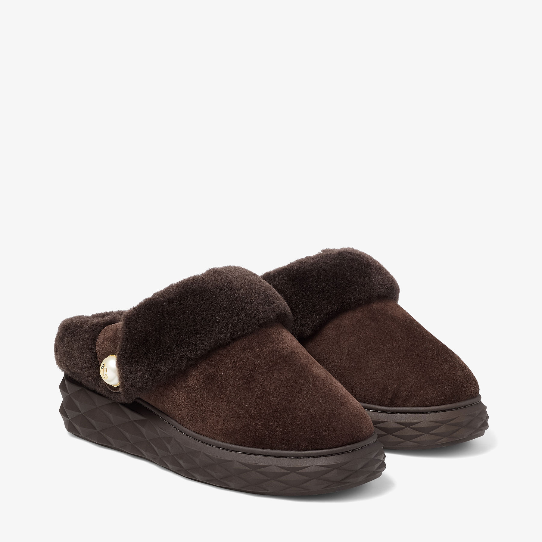 Diamond Maxi Mule F | Chocolate Suede Mules with Shearling | JIMMY CHOO