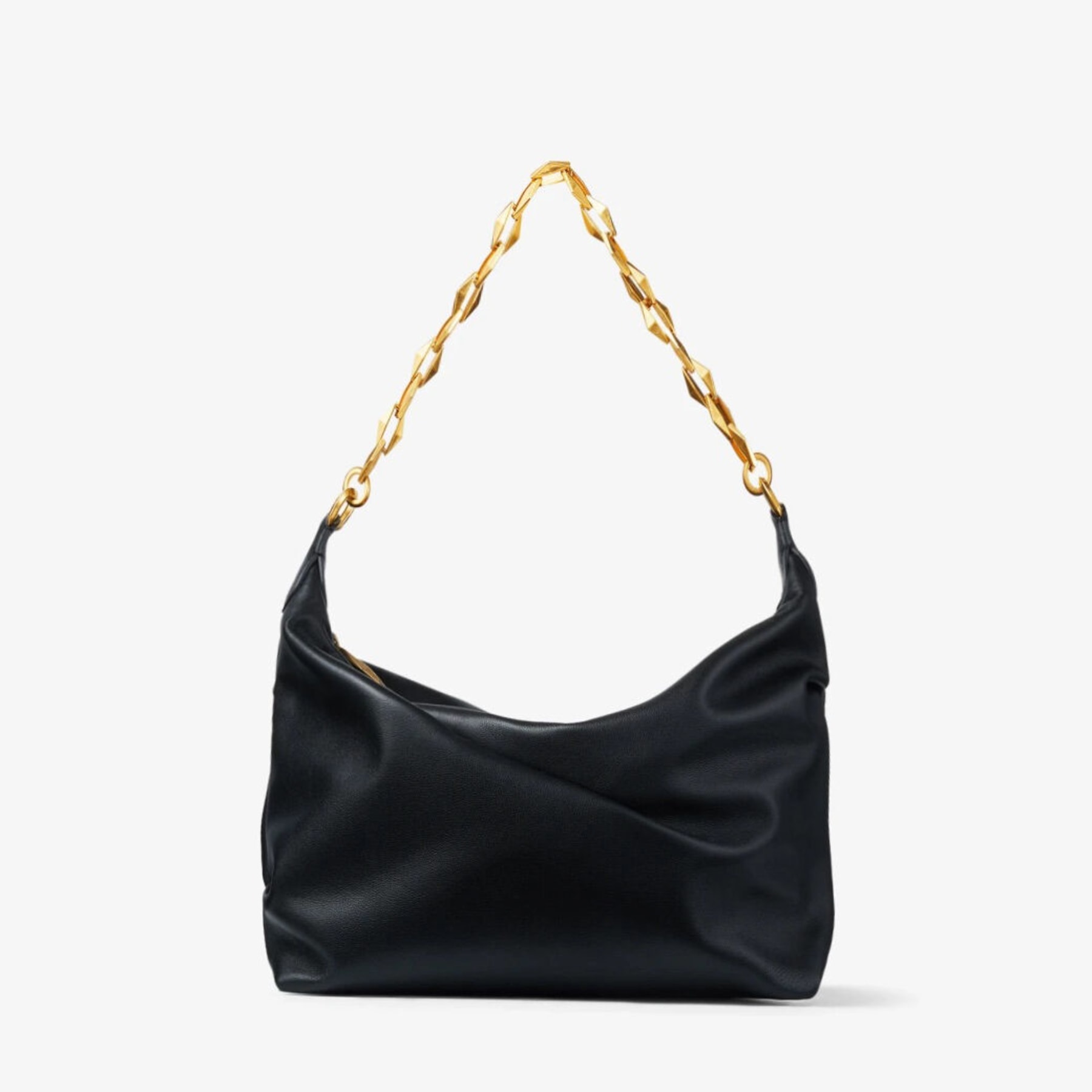 DIAMOND SOFT HOBO/S | Black Soft Calf Leather Hobo Bag with Chain Strap ...