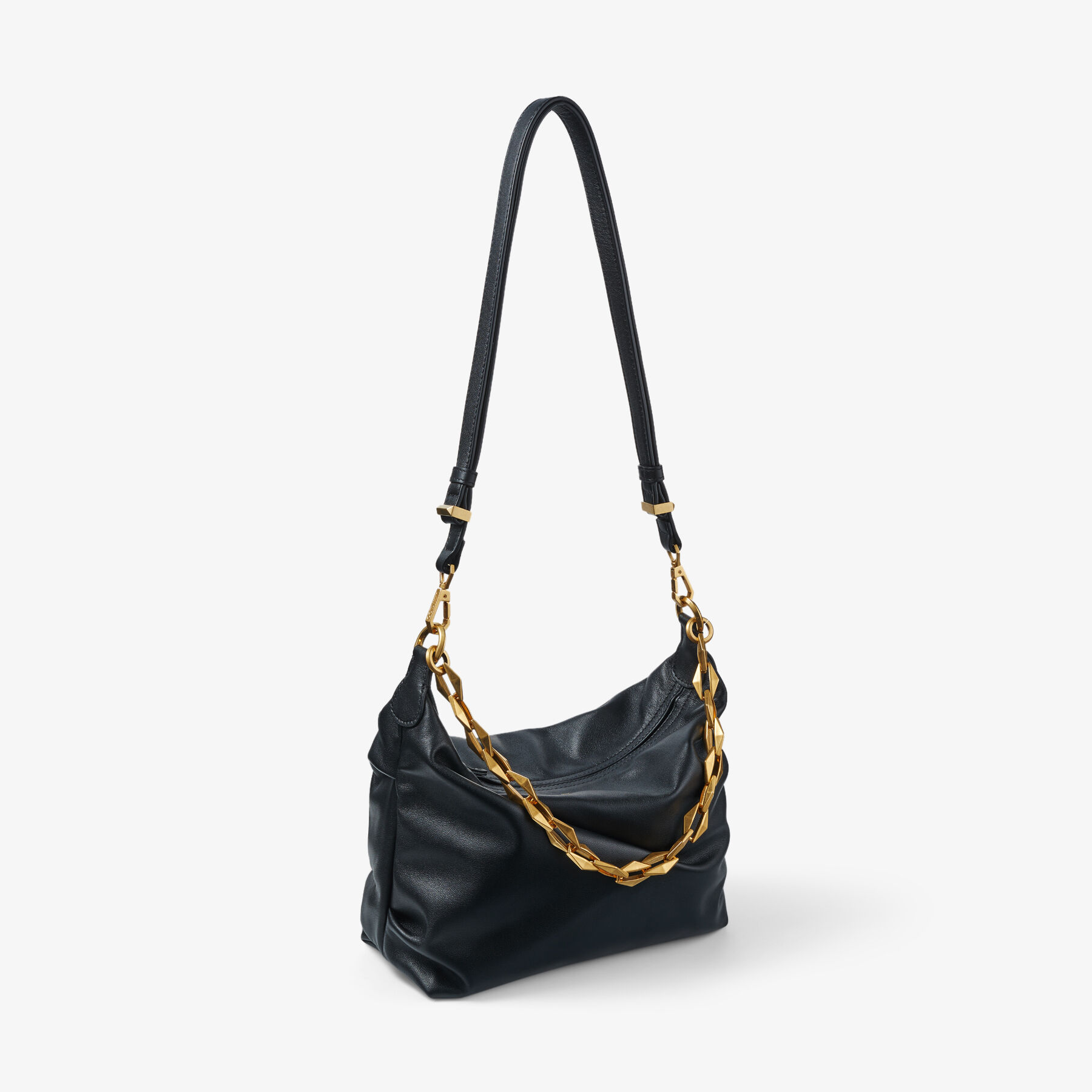 DIAMOND SOFT HOBO/S | Black Soft Calf Leather Hobo Bag with Chain Strap ...
