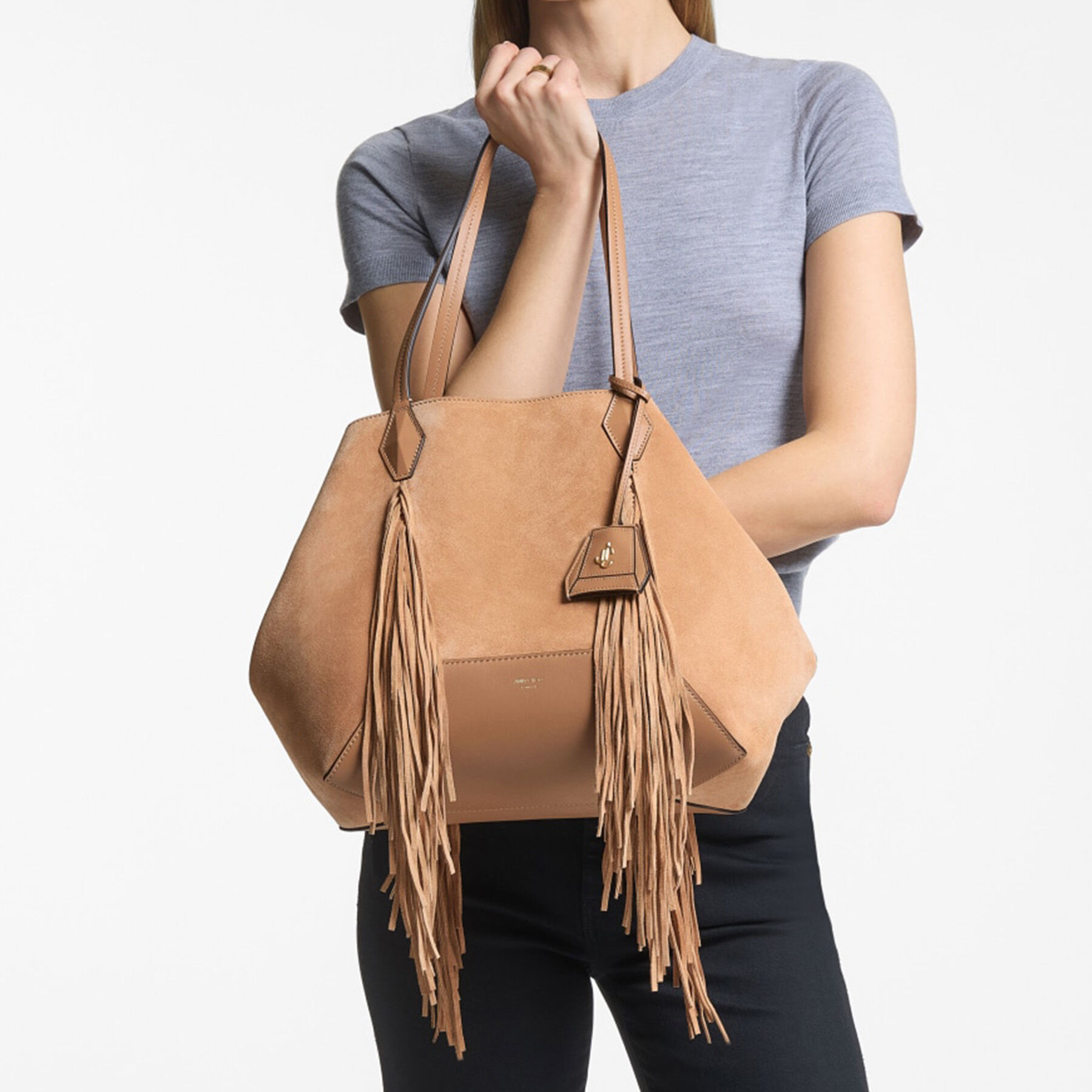 Diamond Tote M | Toffee Suede Tote Bag With Fringes | JIMMY CHOO