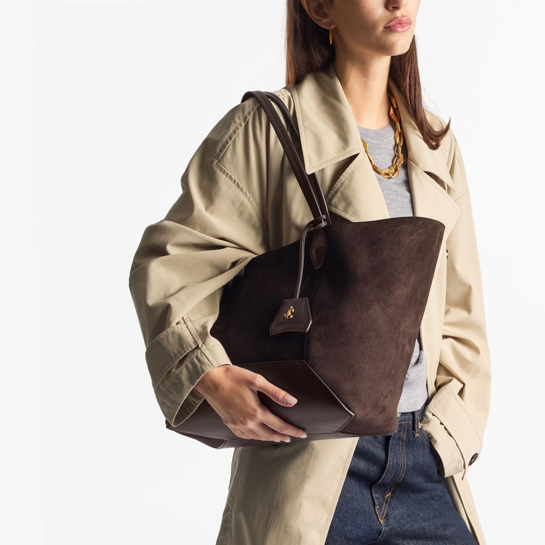 Diamond Tote/M | Coffee Suede Tote Bag | JIMMY CHOO