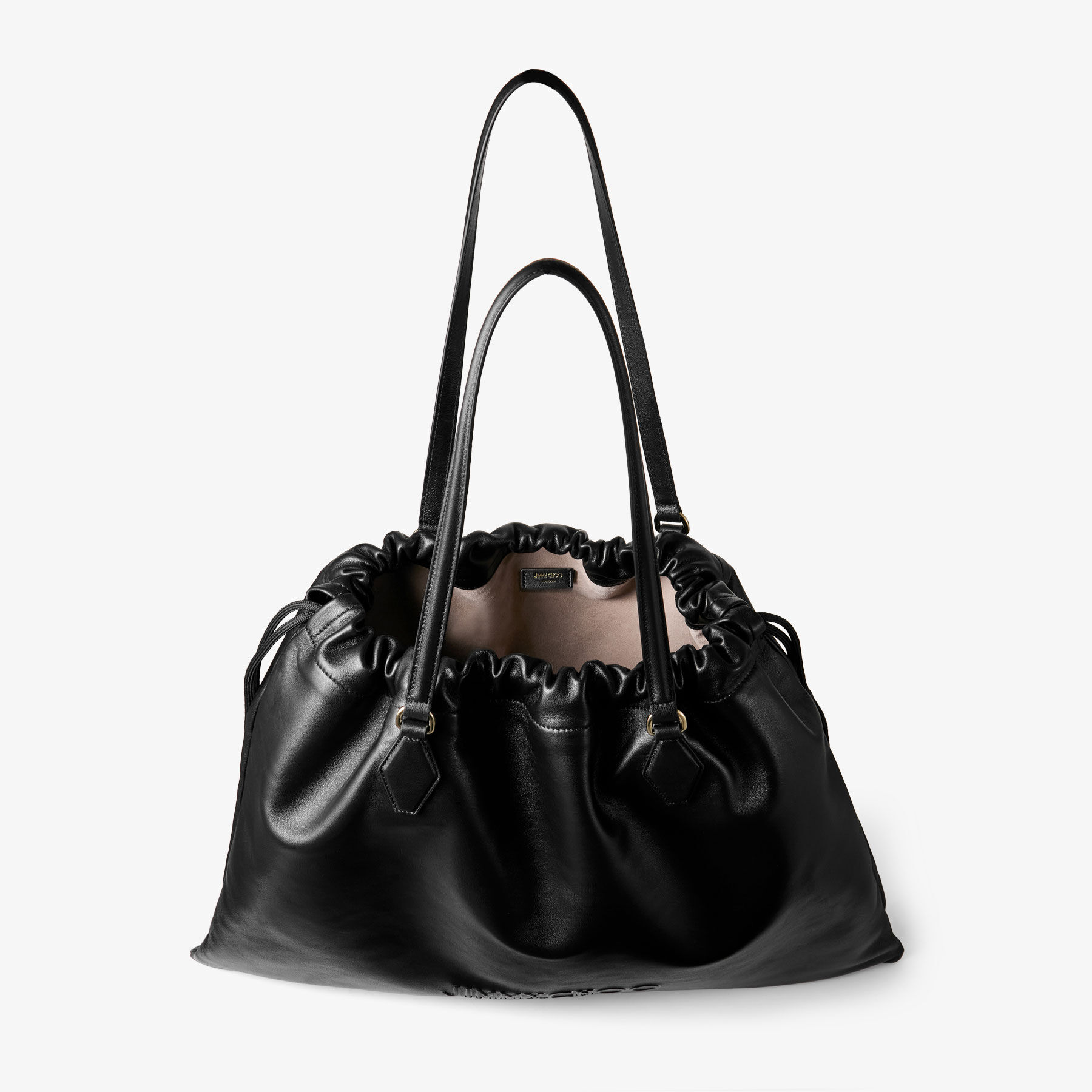 Drawstring Tote L |Borsa tote con coulisse in nappa nera con logo Jimmy Choo goffrato | JIMMY CHOO