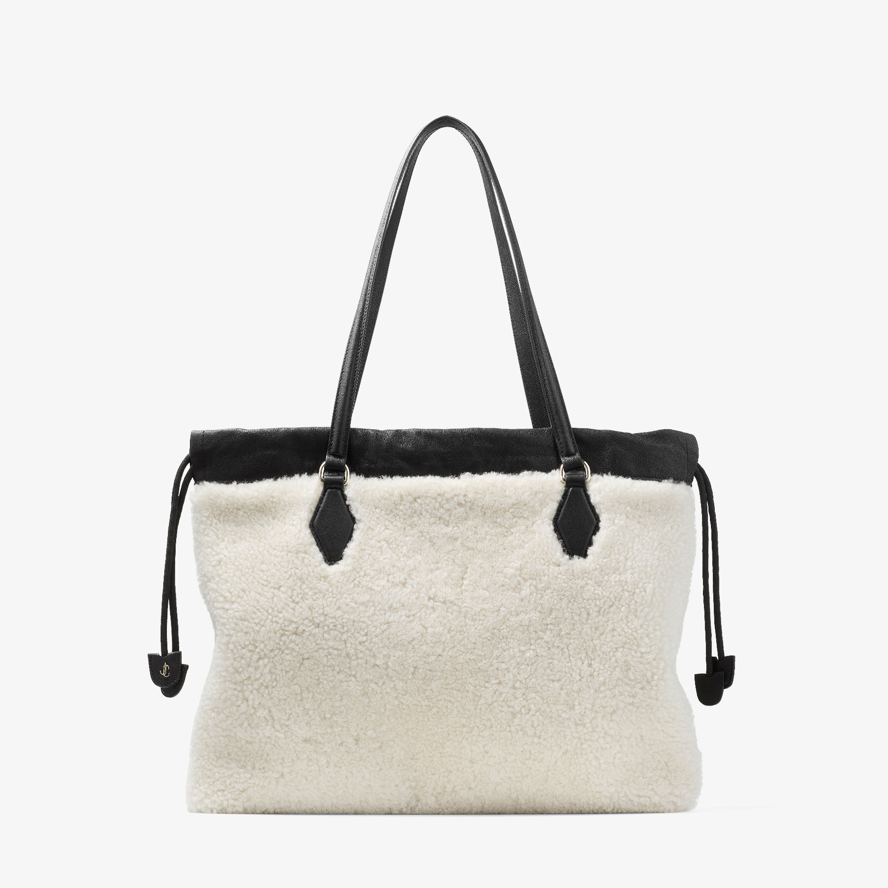 Drawstring Tote M | Natural Shearling Drawstring Tote with Leather Trims | JIMMY CHOO