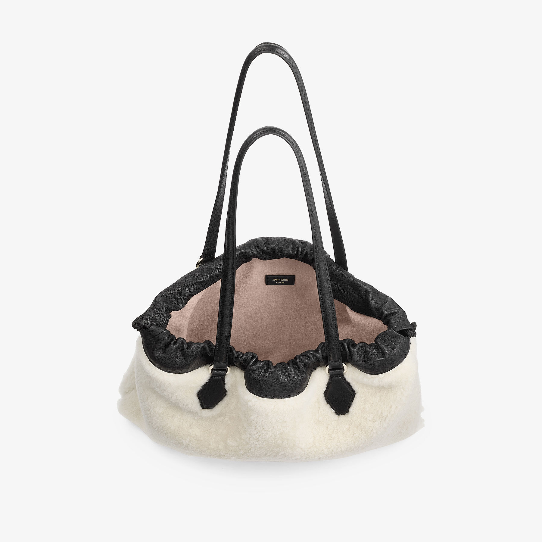 Drawstring Tote M | Natural Shearling Drawstring Tote with Leather Trims | JIMMY CHOO