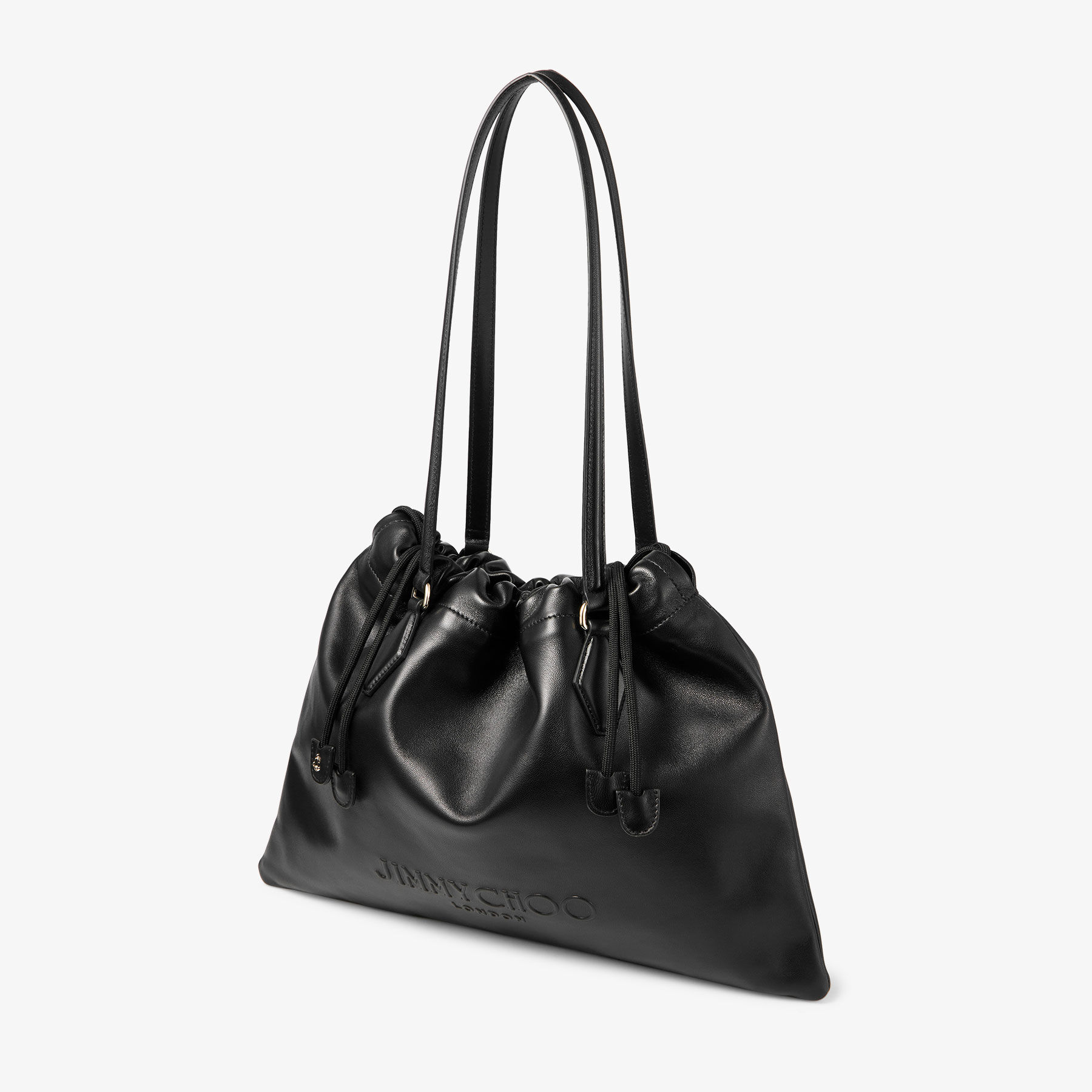 Drawstring Tote M |Black Nappa Leather Drawstring Tote with Embossed ...