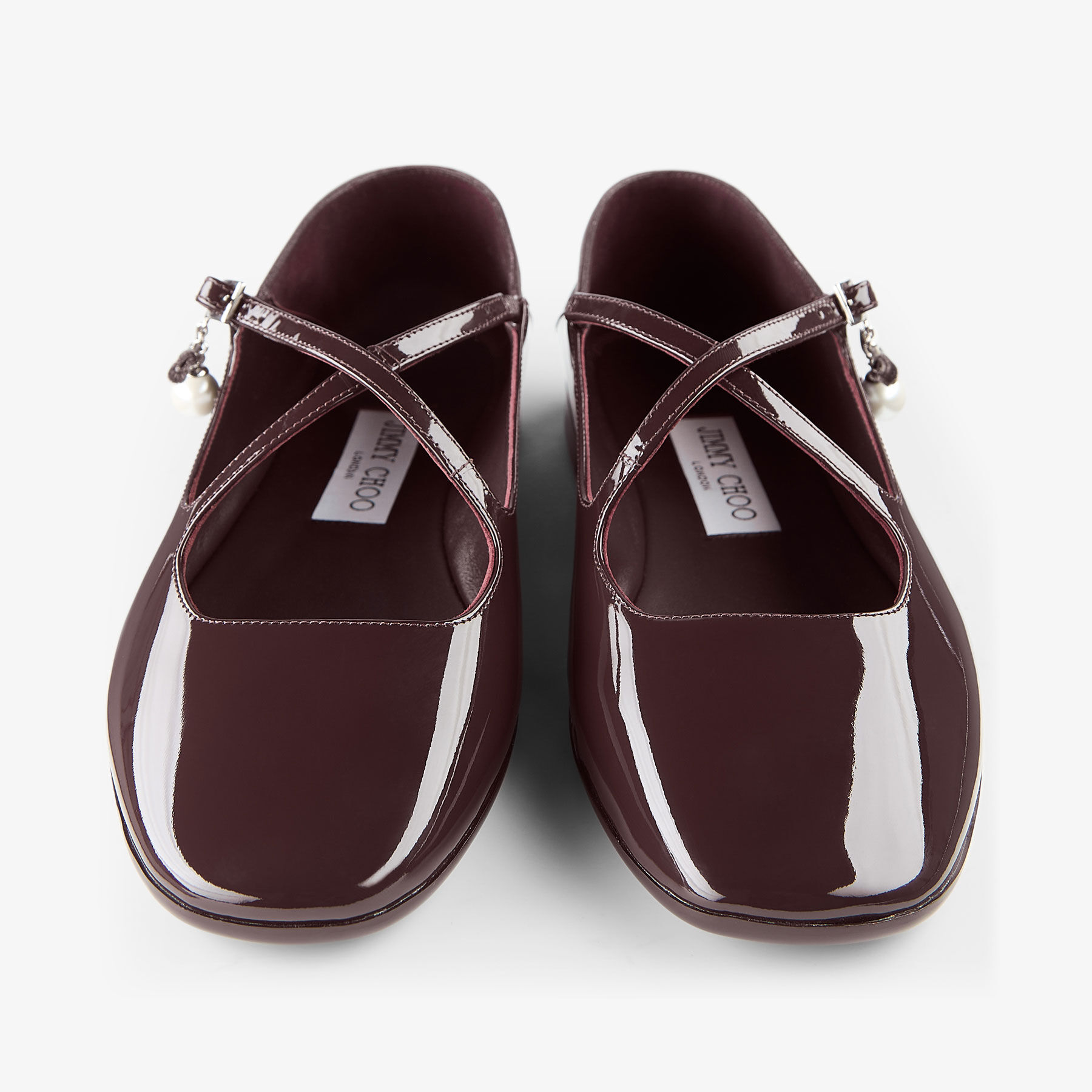 Eleri Ballerina C | Deep Merlot Patent Leather Ballerina Flats with Pearl Charm | JIMMY CHOO