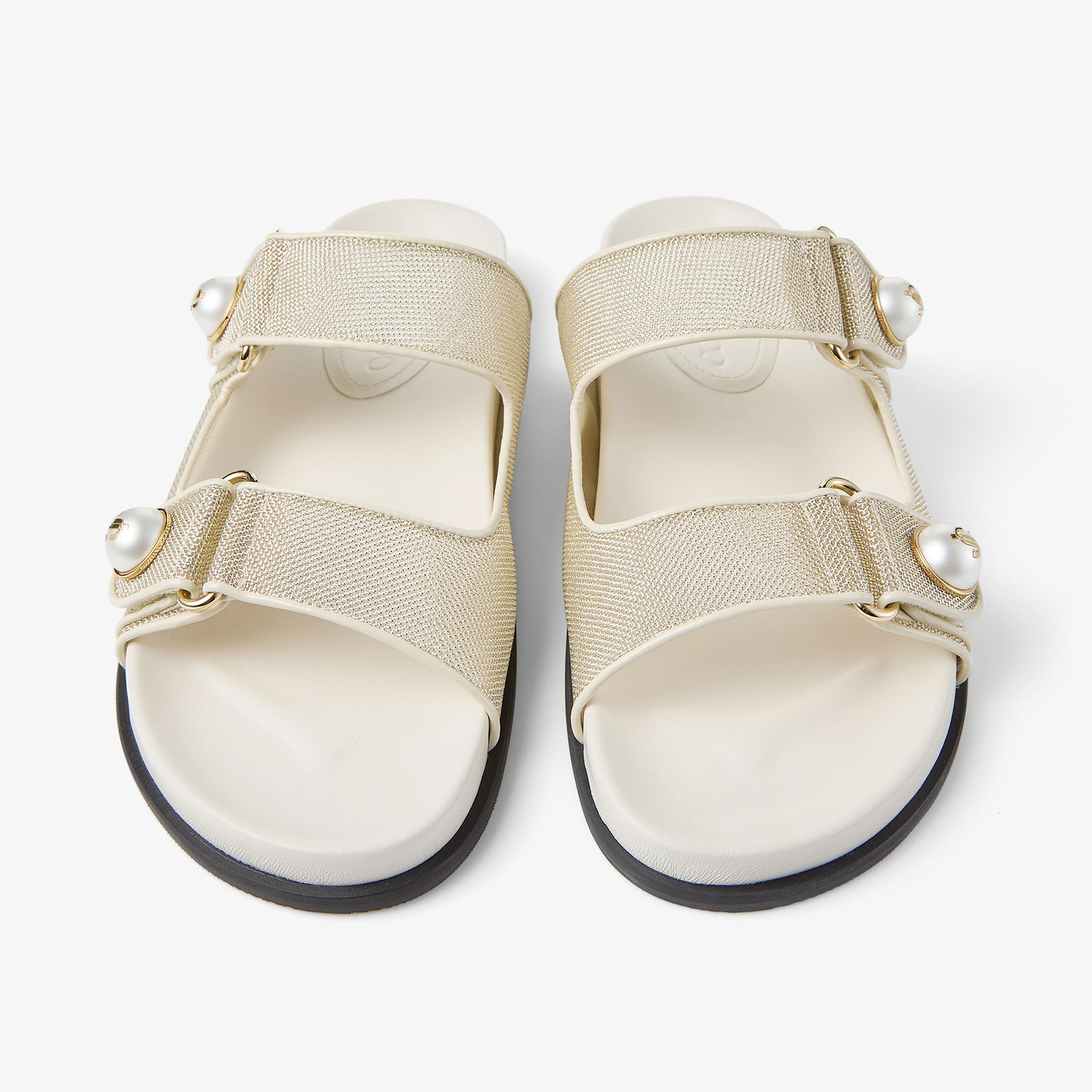 Fayence Sandal | Champagne Metallic Patent Leather Sandals with Pearls ...