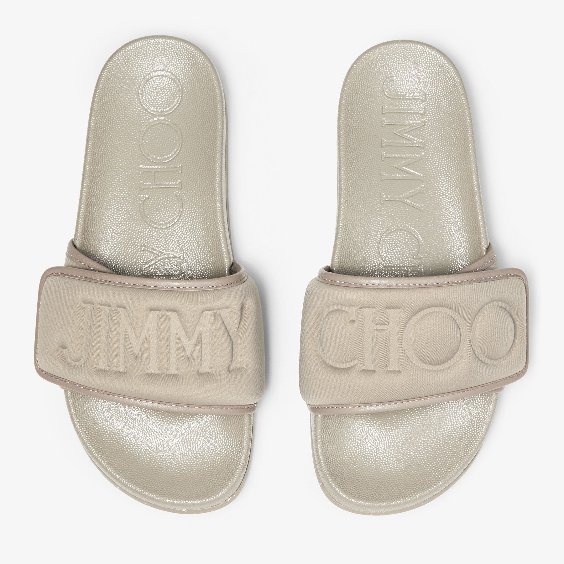 Fitz/M | Taupe Puffed Logo Lycra Slides | JIMMY CHOO