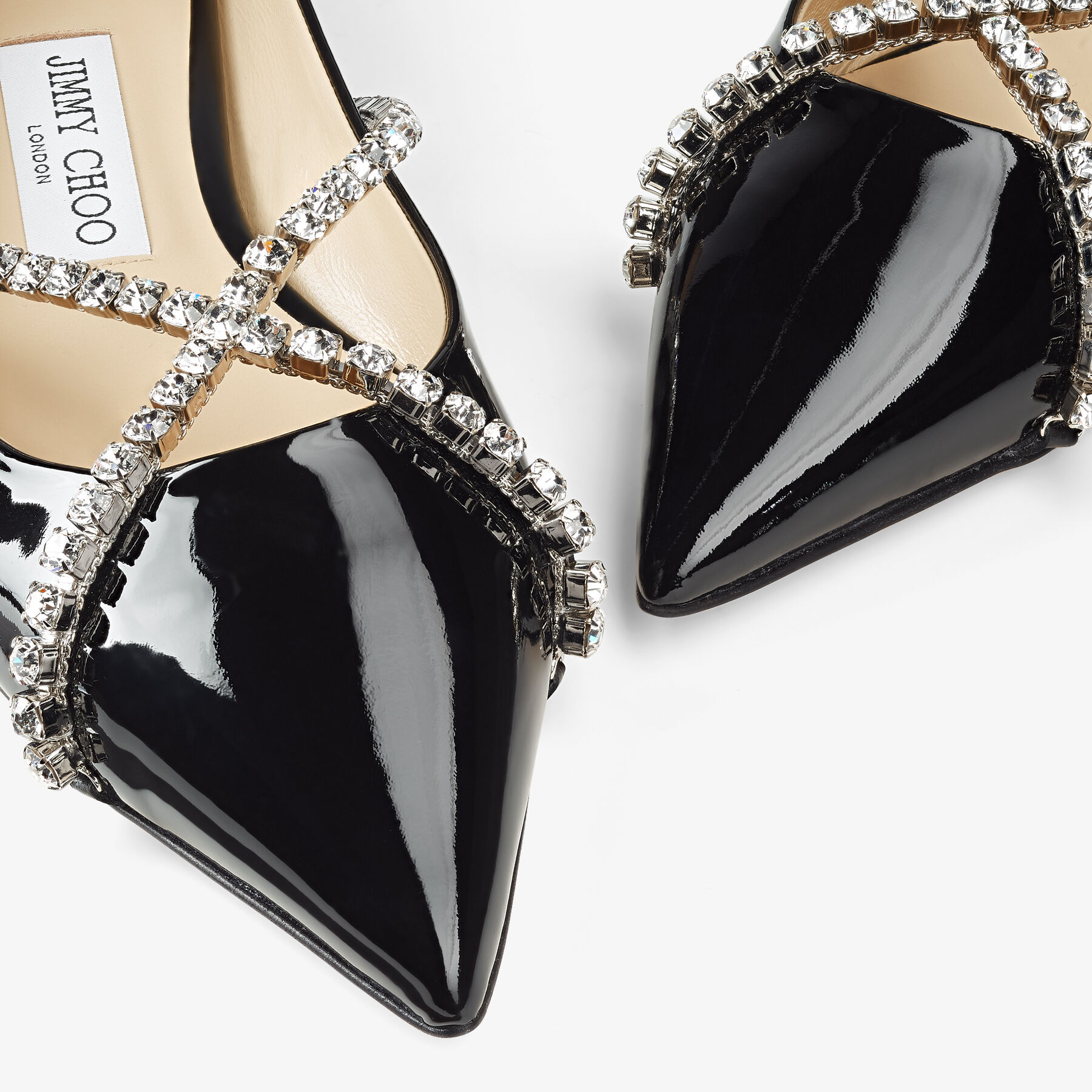 Genevi Flat |Black Patent Leather Pointed-Toe Flats with Crystal Chain ...
